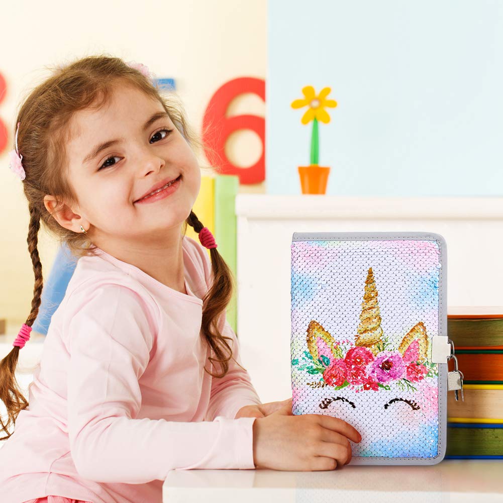 MHJY Sequin Unicorn Journal Secret Diary with Lock,Reversible Mermaid Sequin Notebook Private Journal Magic Unicorn Notebook Gifts for Girls