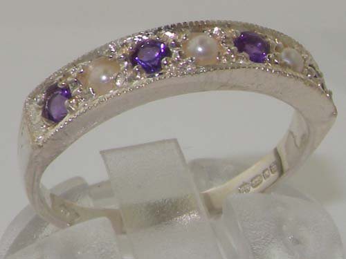 LetsBuyGold 925 Sterling Silver Cultured Pearl and Amethyst Womens Band Ring - Sizes 4 to 12 Available
