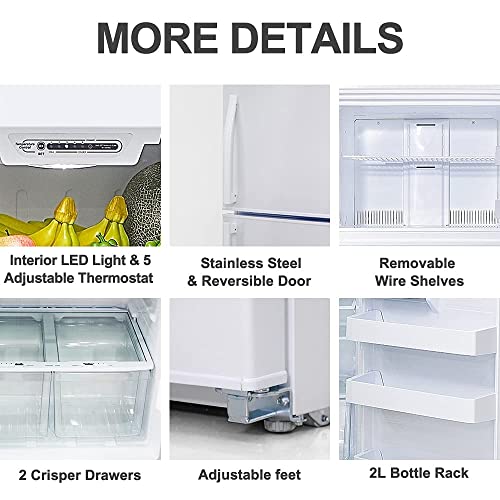 SMETA 18 Cu. Ft Refrigerator for Kitchen Full Size Top Freezer Top Mount Fridge 30" Frost Free, Apartment Garage Ready Refrigerators Double Door with LED light 66 inch tall, White