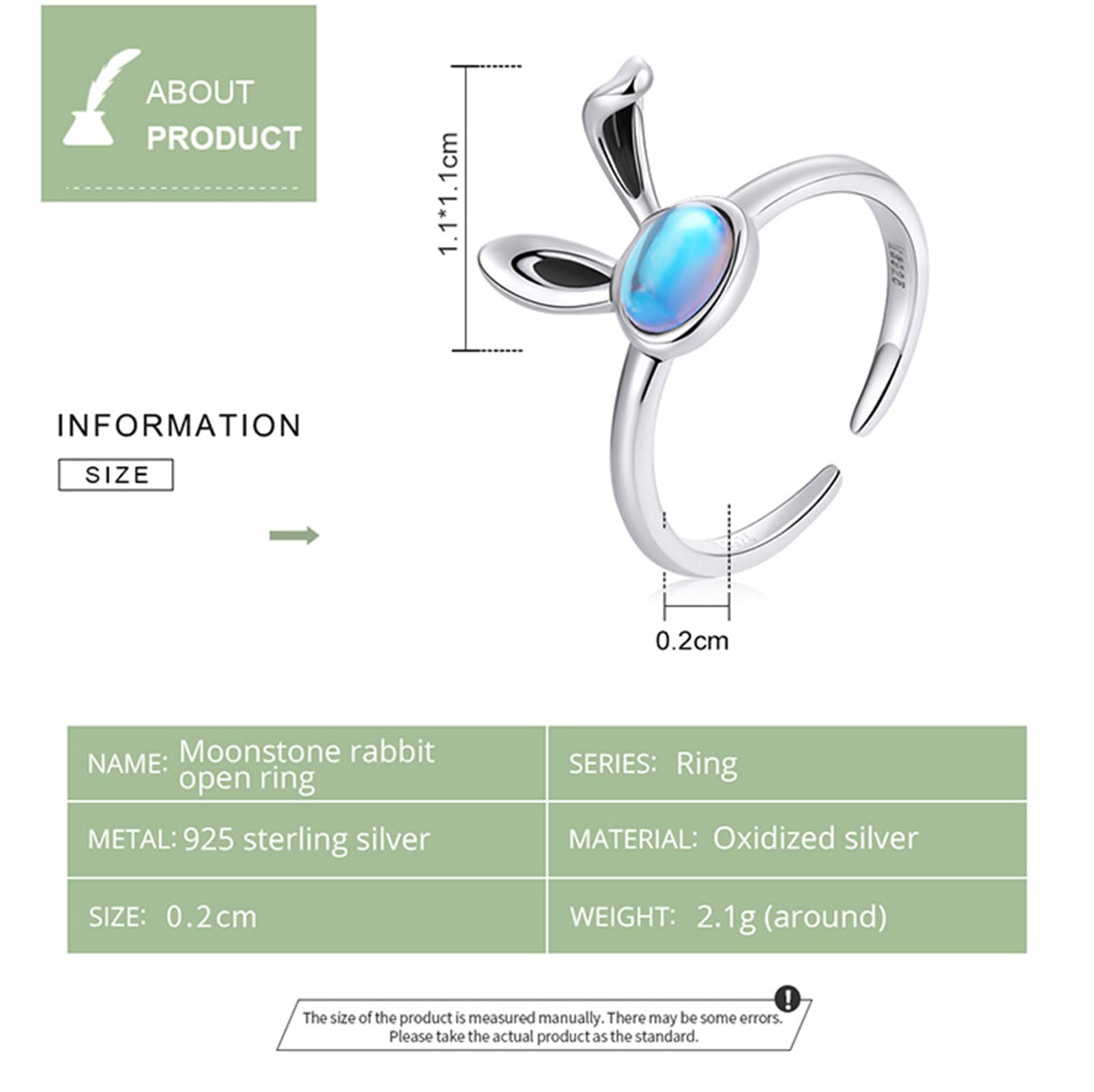 Rainbow Moonstone Ring 925 Sterling Silver Rabbit Rings Cute Animal Adjustable Open Ring Gifts for Engagement Anniversary Wedding