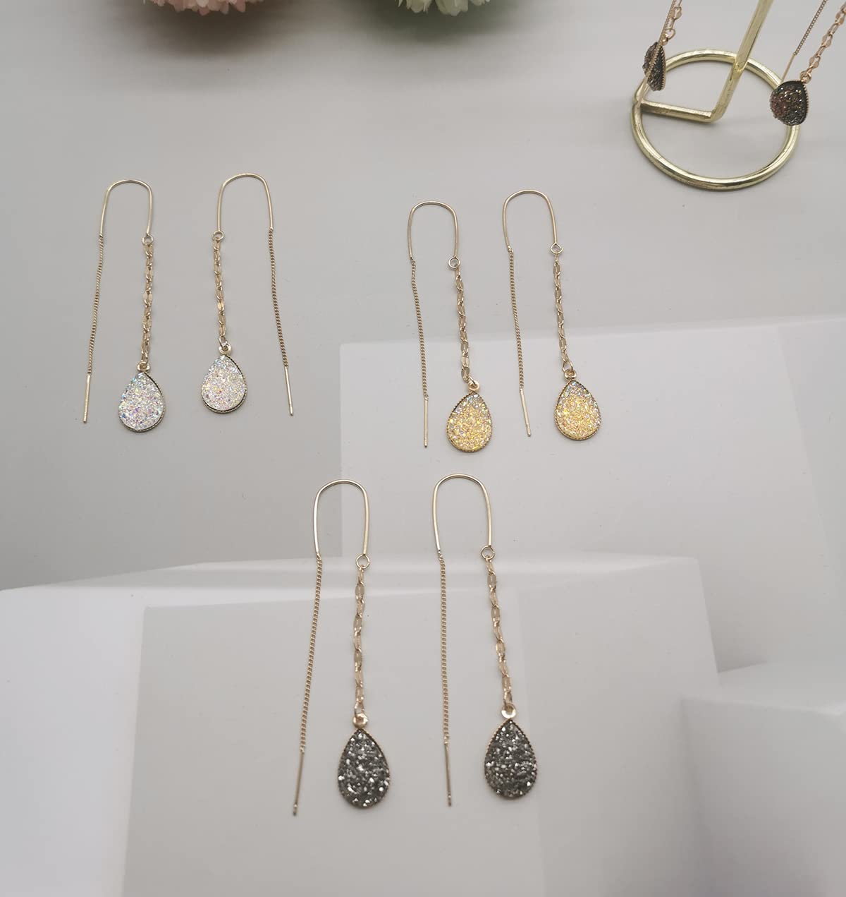 SAMOCO 8Pairs Simulated Druzy Dangle Crystal Earrings for Women Boho Drop Multicolor Earrings for Women