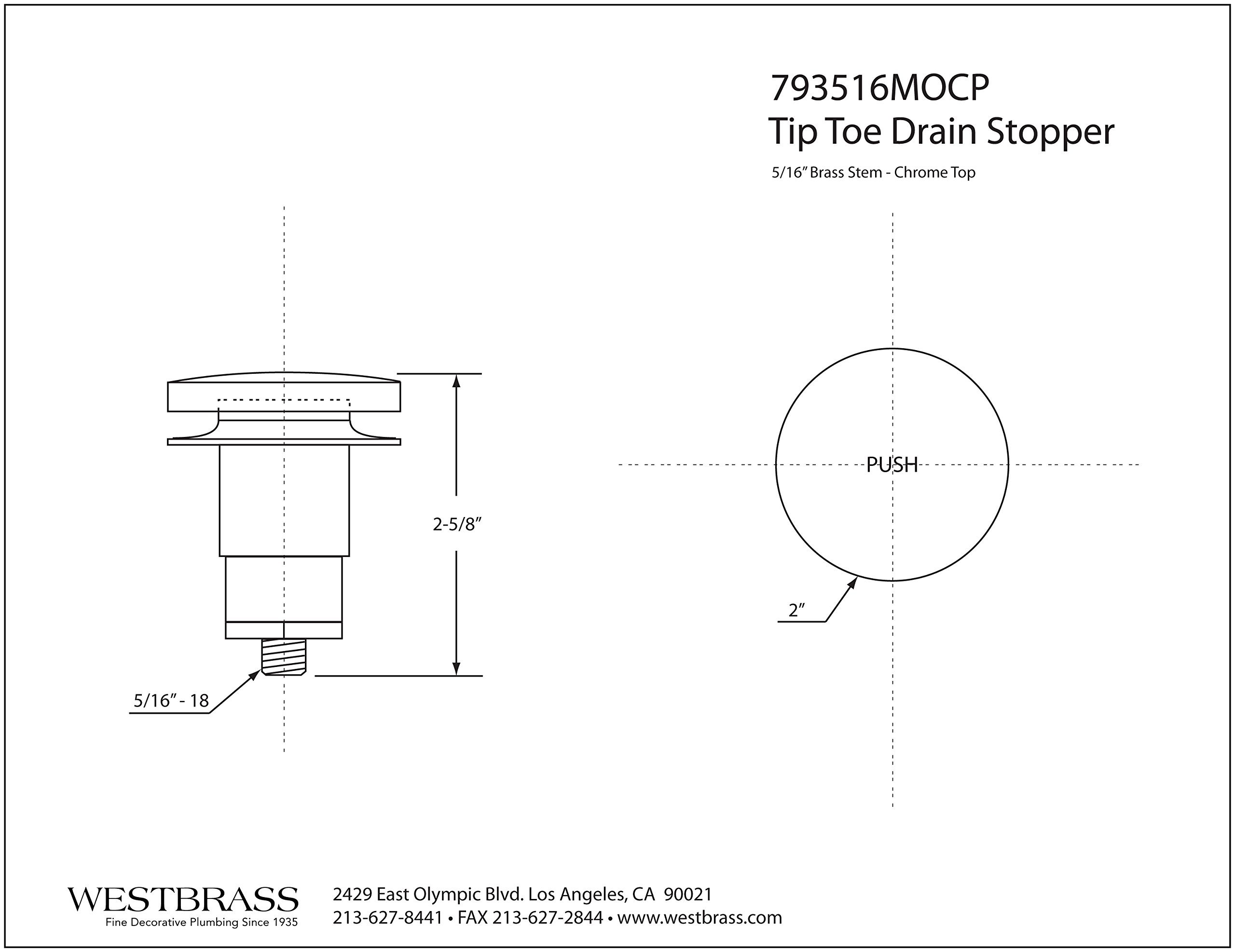 Westbrass 793516MOCP Replacement Tip-Toe Bathtub Drain Stopper with 5/16" Stem, 1-Pack, Polished Chrome