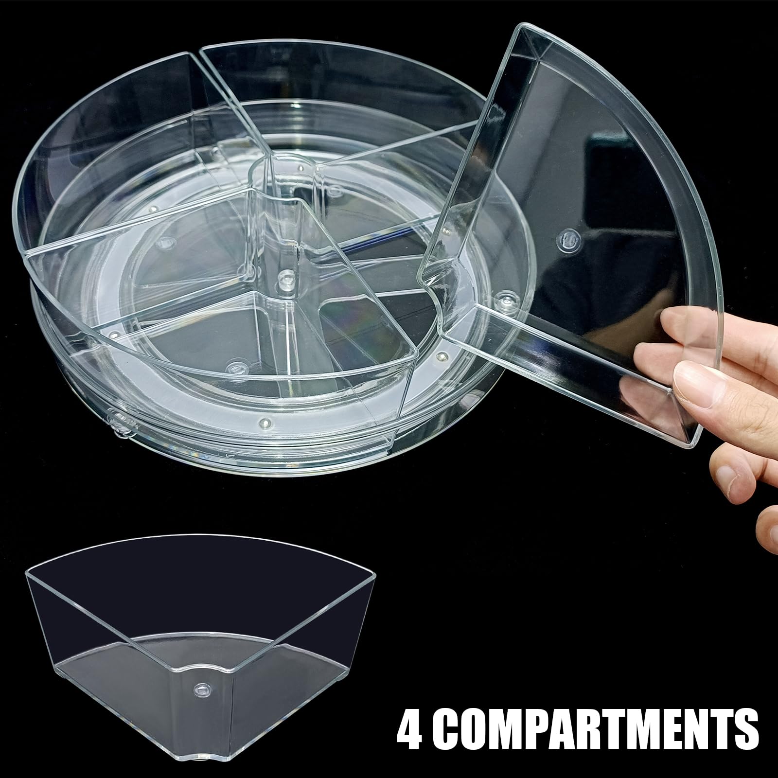 POUYRBA Lazy Susan Organizer with 4 Removable Storage Bins, 9.25Inch Round Plastic Clear Food Storage Container Fruit Snack Spice Can Cosmetics Turntable for Refrigerator Cabinet Pantry Kitchen