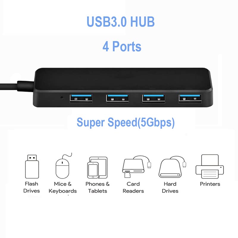 USB 3.0 HUB 4-Port USB Hub Ultra Slim Portable Data Hub Applicable forLaptop, PS4 Keyboard and Mouse Adapter for Dell, Asus, HP, MacBook Air, Surface Pro, Acer, Flash Drive, Mobile HDD, Printer(3.3FT