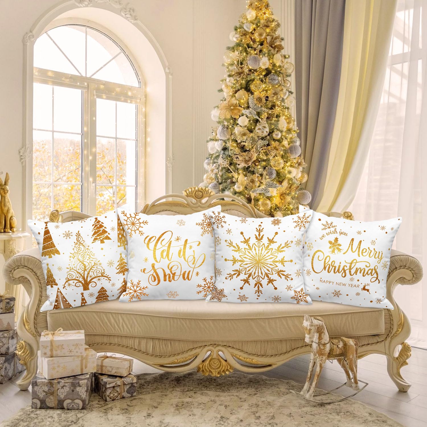 Lanpn White and Gold Bronzing Christmas Throw Pillow Covers 20x20 Set of 4, 20 inch Decorative Xmas Cushion Covers Pillow Cases 20 x 20 for Home Bedroom Room Holiday Couch Decor Decorations