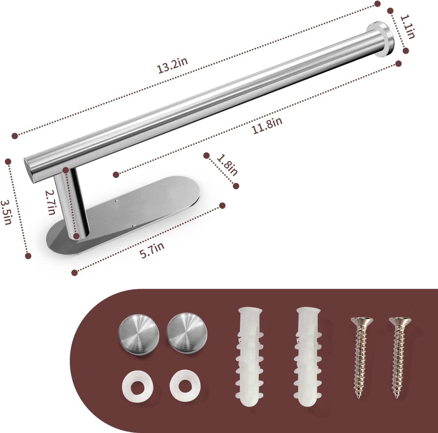 Paper Towel Holder, Drilling Under Cabinet Kitchen, 13.2 inch Stainless Steel Paper Towel Roll Rack, Towel Roll Hanger for Bathroom (Silver)