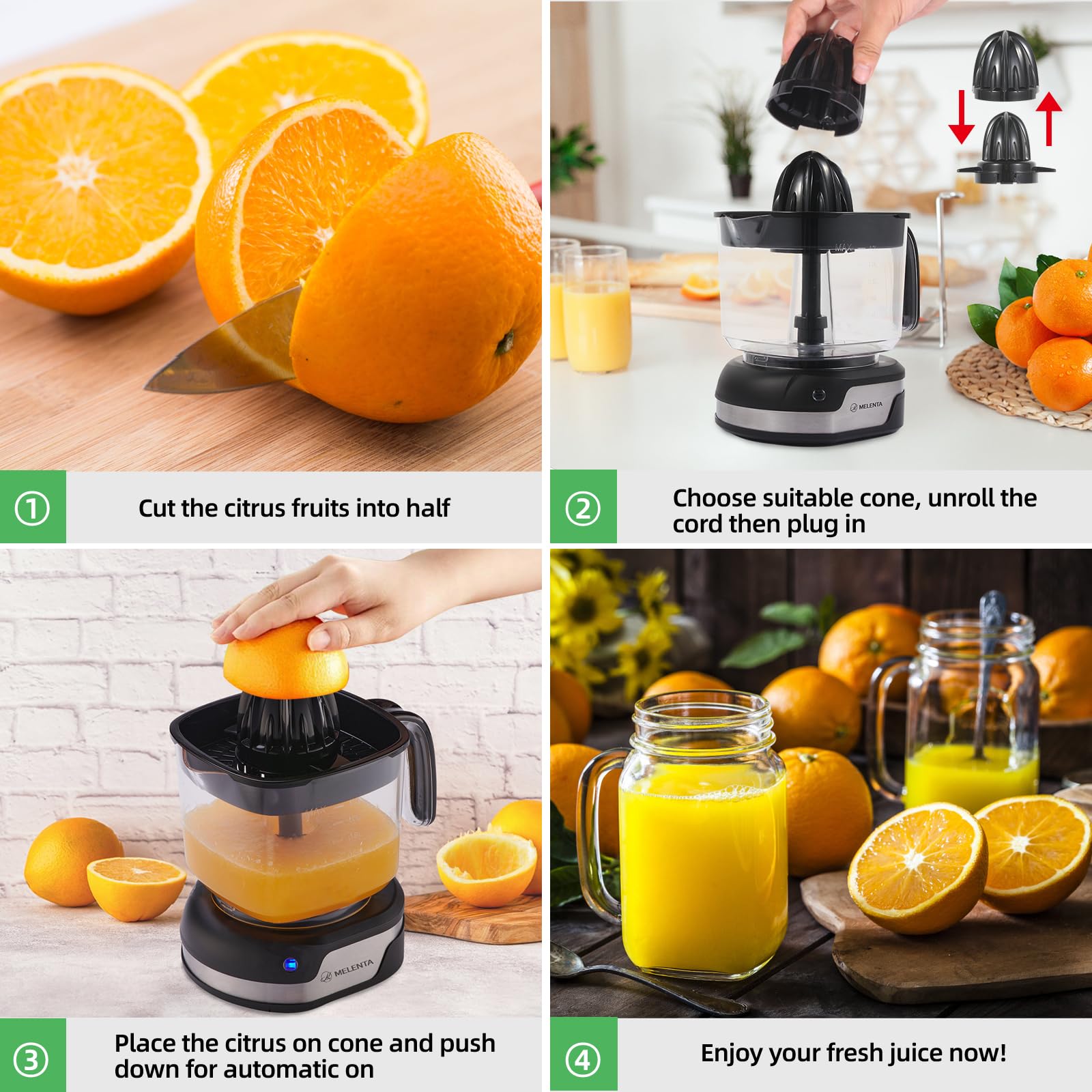 M MELENTA Electric Citrus Juicer Machine, 1.2L Large Volume Lemon Squeezer with Powerful & Quiet Motor, Pulp Control, Easy to Clean, Orange Juicer for Grapefruits, Limes, Oranges and Lemons, Green