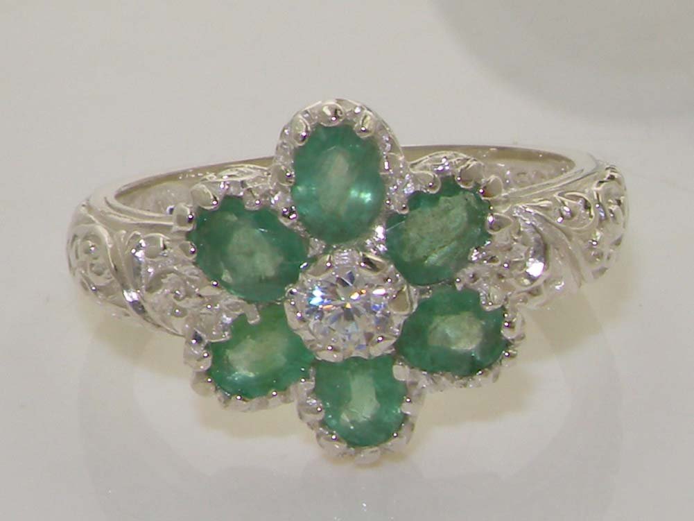 LetsBuyGold 925 Sterling Silver Real Genuine Emerald & Diamond Womens Cluster Ring - Size 11 (0.09 cttw, H-I Color, I2-I3 Clarity)