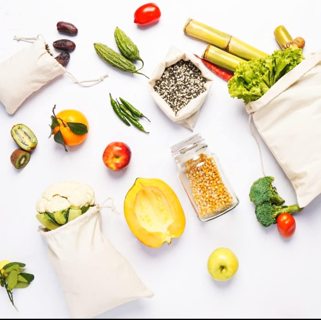 Mayatra's 100% Reusable Produce Cotton Bags - Washable Organic Vegetable Bags - Eco Friendly, Biodegradable Cloth Bag with Drawstring - (10 * 12 Inches Size) (Pack Of 6)