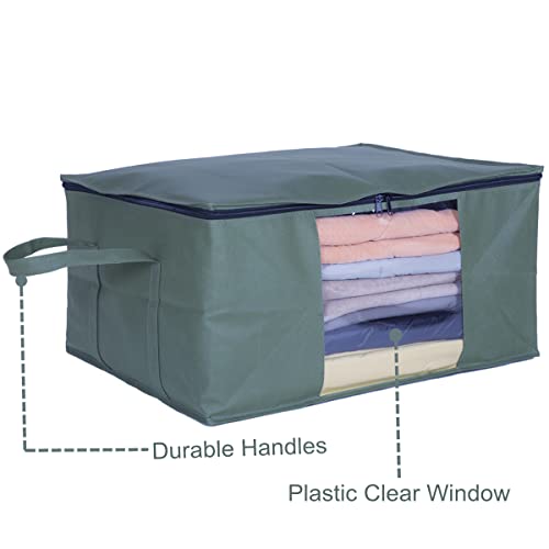 Wismart Large Capacity Zippered Clothes Storage Bags with Plastic Clear Window and Durable Handles Great for seasonal storage, Bedding, Blankets ,Foldable with Sturdy Zipper, 2 Pack, Green (Large, Green-2Pack)