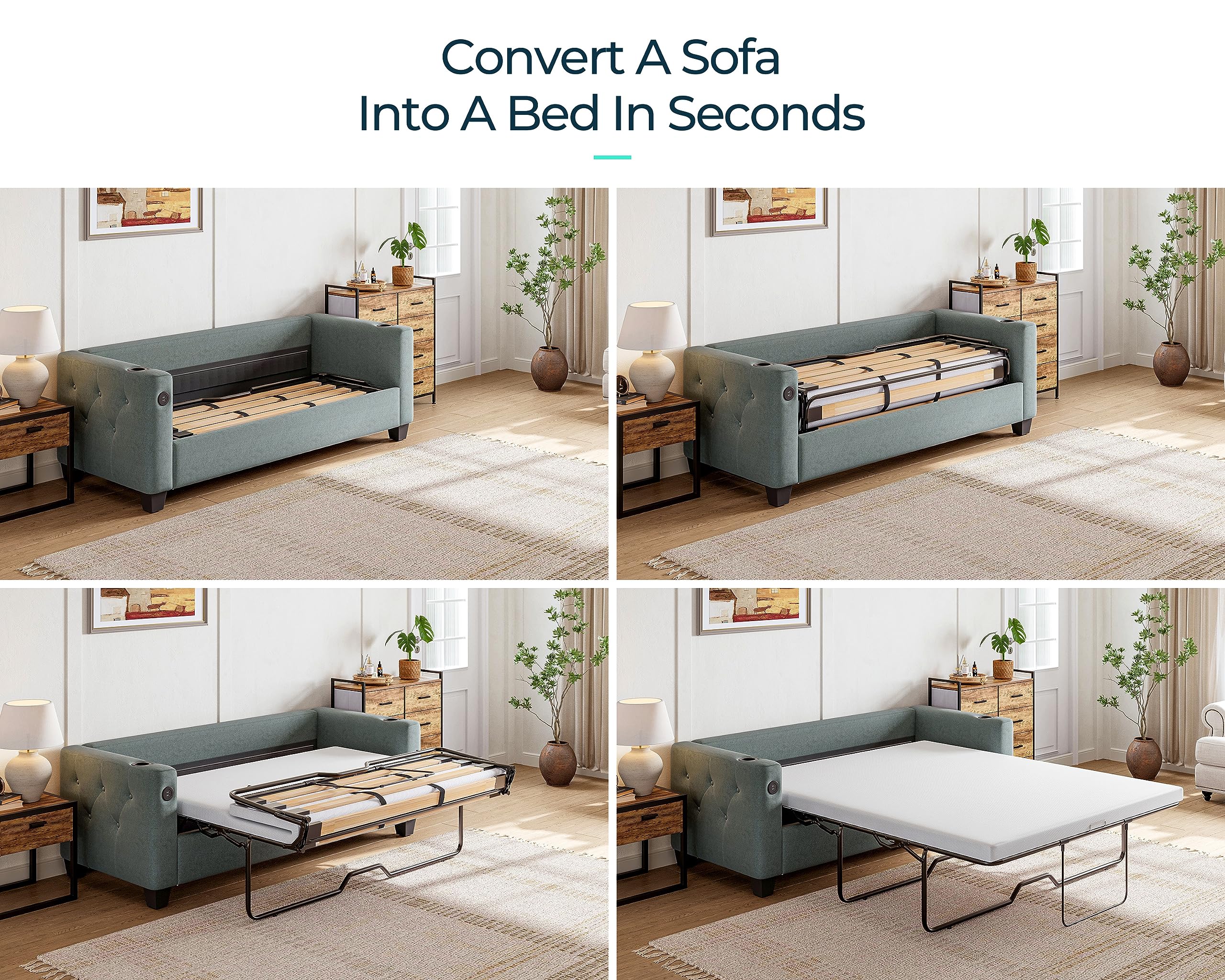 LINSY HOME Pull Out Sofa Bed, Queen Sleeper Sofa Couch with Solid Wood Bedframe and Memory Foam Mattress, 3 Seat Sofa for Home Office, Guest Room, Living Room, Queen, Dark Grey
