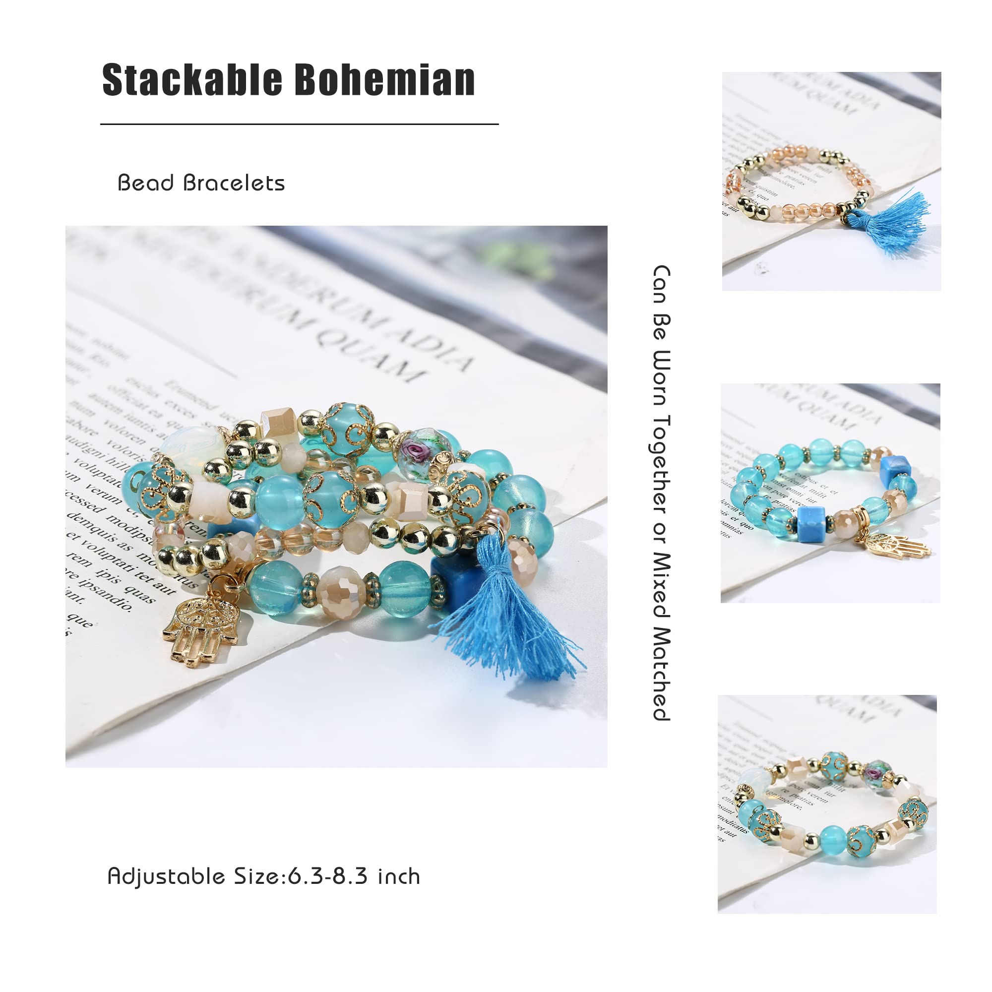 Sanfenly 6 Sets Bohemian Beaded Bracelets for Women Stretch Stackable Bracelet Set Multilayer Colorful Charms Boho Jewelry