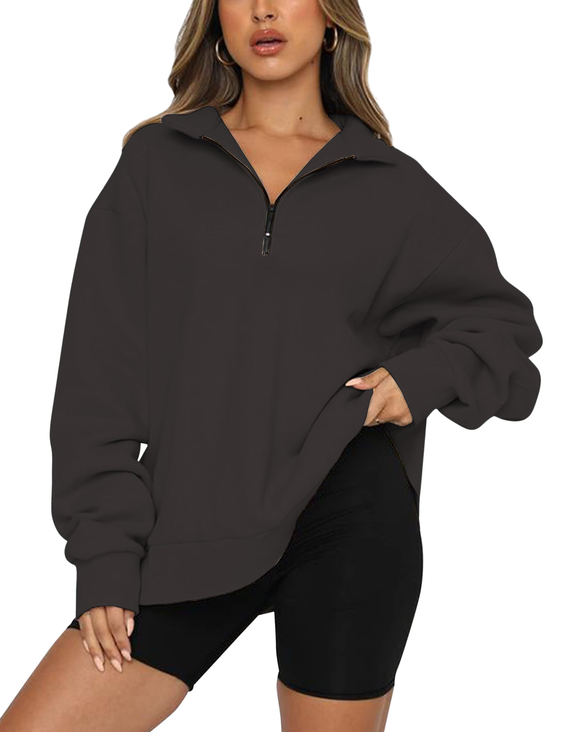 SAFRISIOR Women’s Oversized Half Zip Sweatshirt Drop Shoulder Long Sleeves Collar Quarter 1/4 Zipper Pullover Black