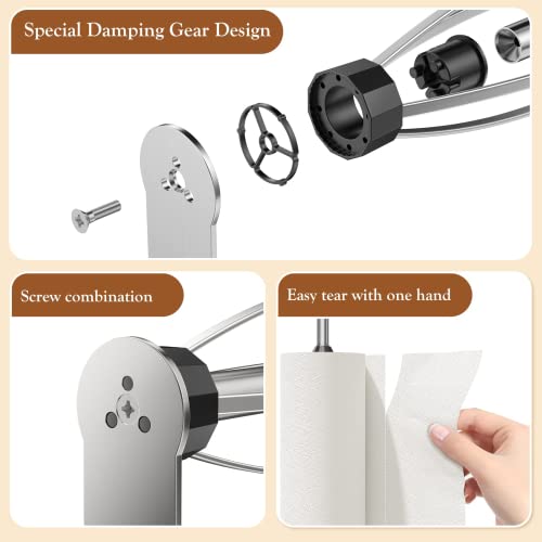 Paper Towel Holder Under Cabinet, Effortless Tear and Space-Saving, Single Hand Operable Paper Towel Holders with Damping Effect, Self-Adhesive or Drilled Paper Roll Holders for Kitchen, Bathroom, RV