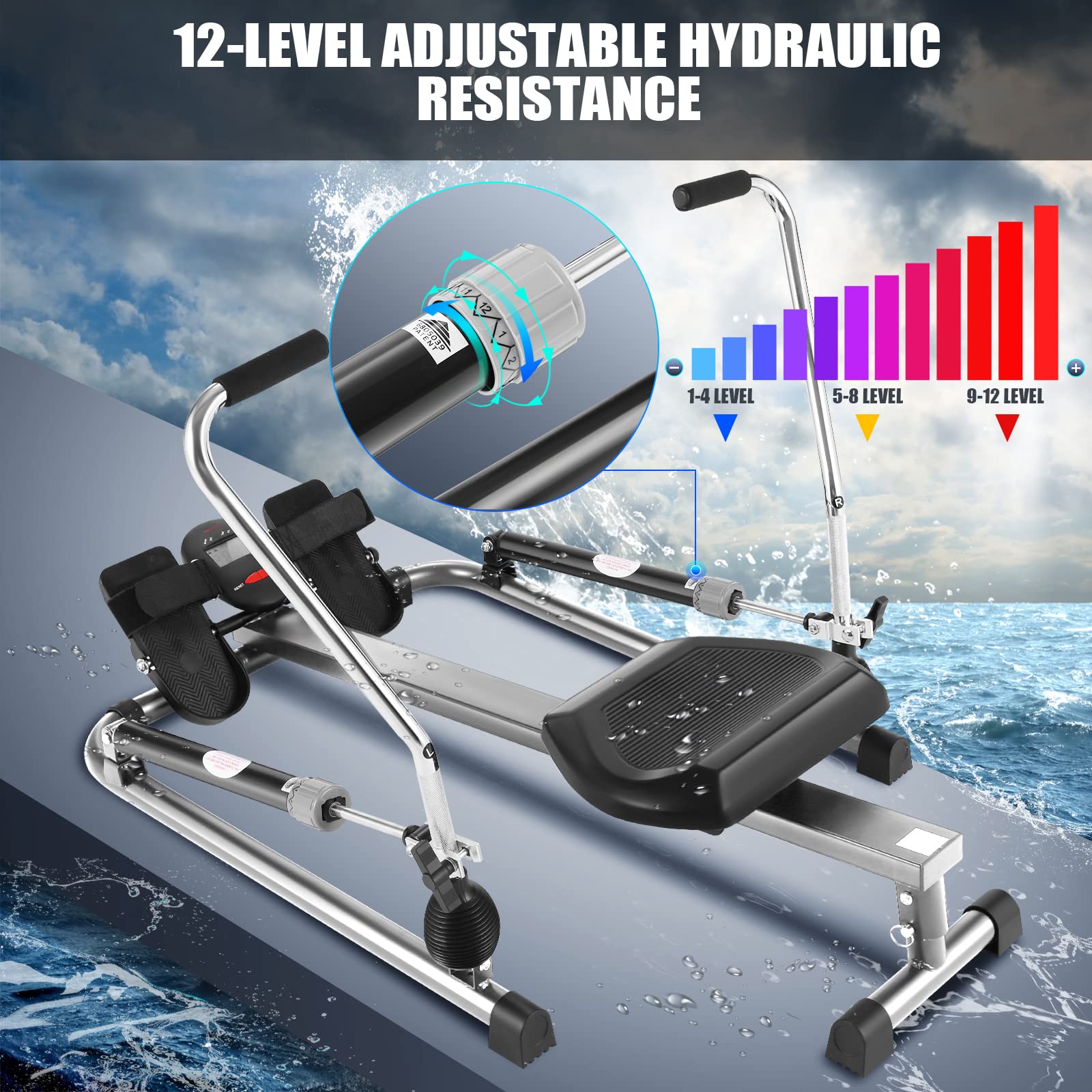 Rowing Machines for Home Use, Foldable Rowers with 12 Level Smooth Hydraulic Resistance,&LCD Monitor, Max 250lb Weight Capacity (Training Silver)