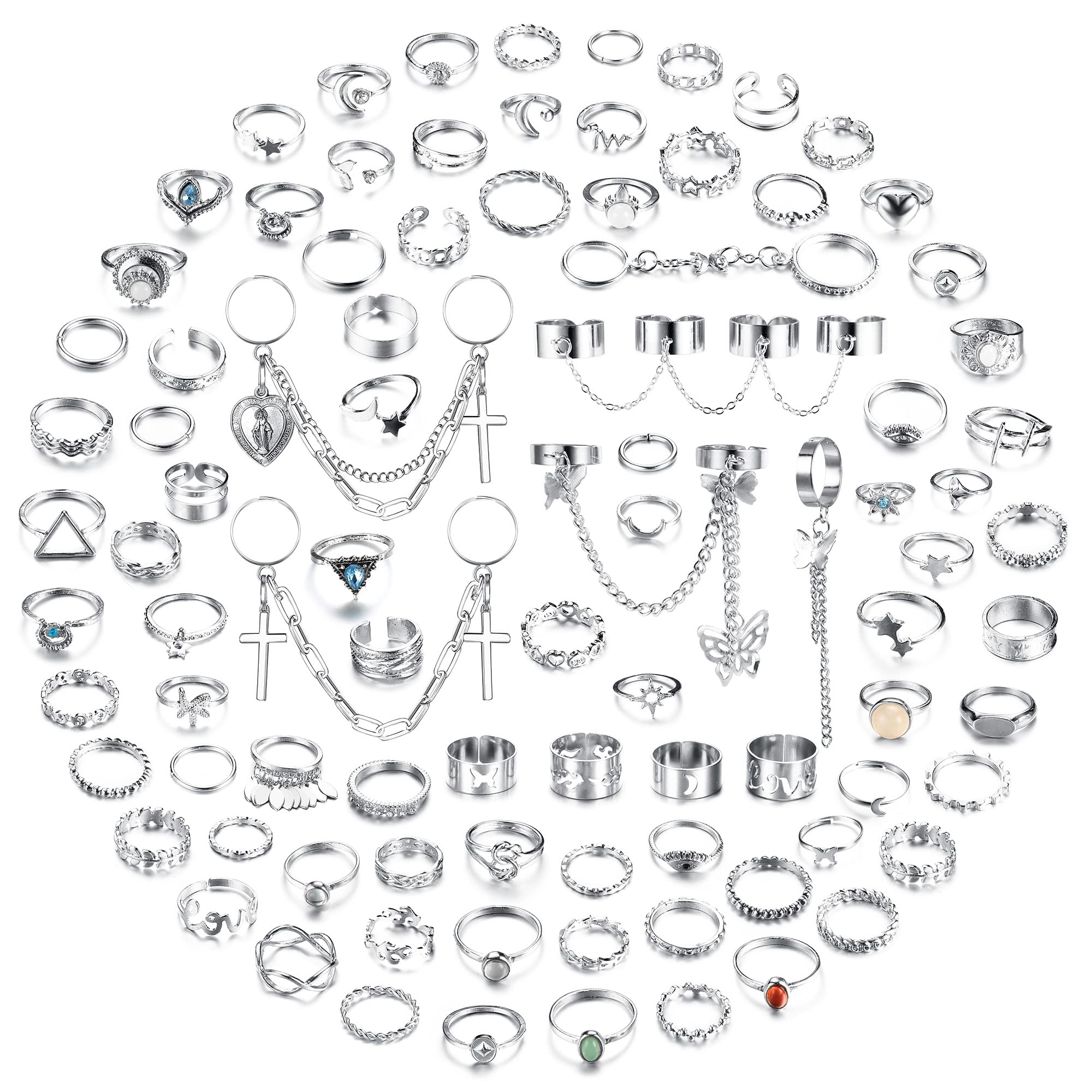 Sanfenly 85Pcs Silver Knuckle Rings Set for Women, Vintage Boho Punk Cross Butterfly Chain Finger Rings Stackable Rings Midi Rings Crystal Joint Finger Rings Pack