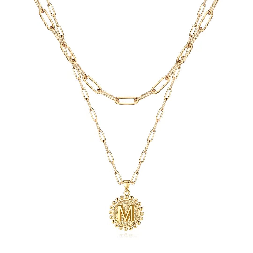 Layered Choker Necklaces for Women, 14K Gold Plated Dainty Layering Paperclip Chain Necklace Simple Adjustable Initial Coin Pendant Necklaces Layered Gold Chain Necklaces for Women Jewelry Gifts