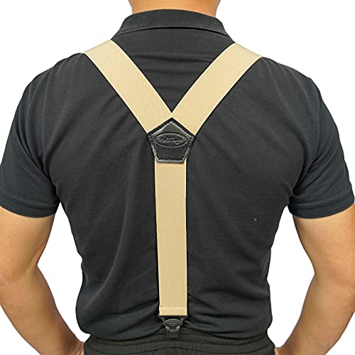 Melo Tough Y back suspenders airport friendly Suspenders,NO buzz with Plastic Clip 1.5 inch fully elastic braces (KHAKI)