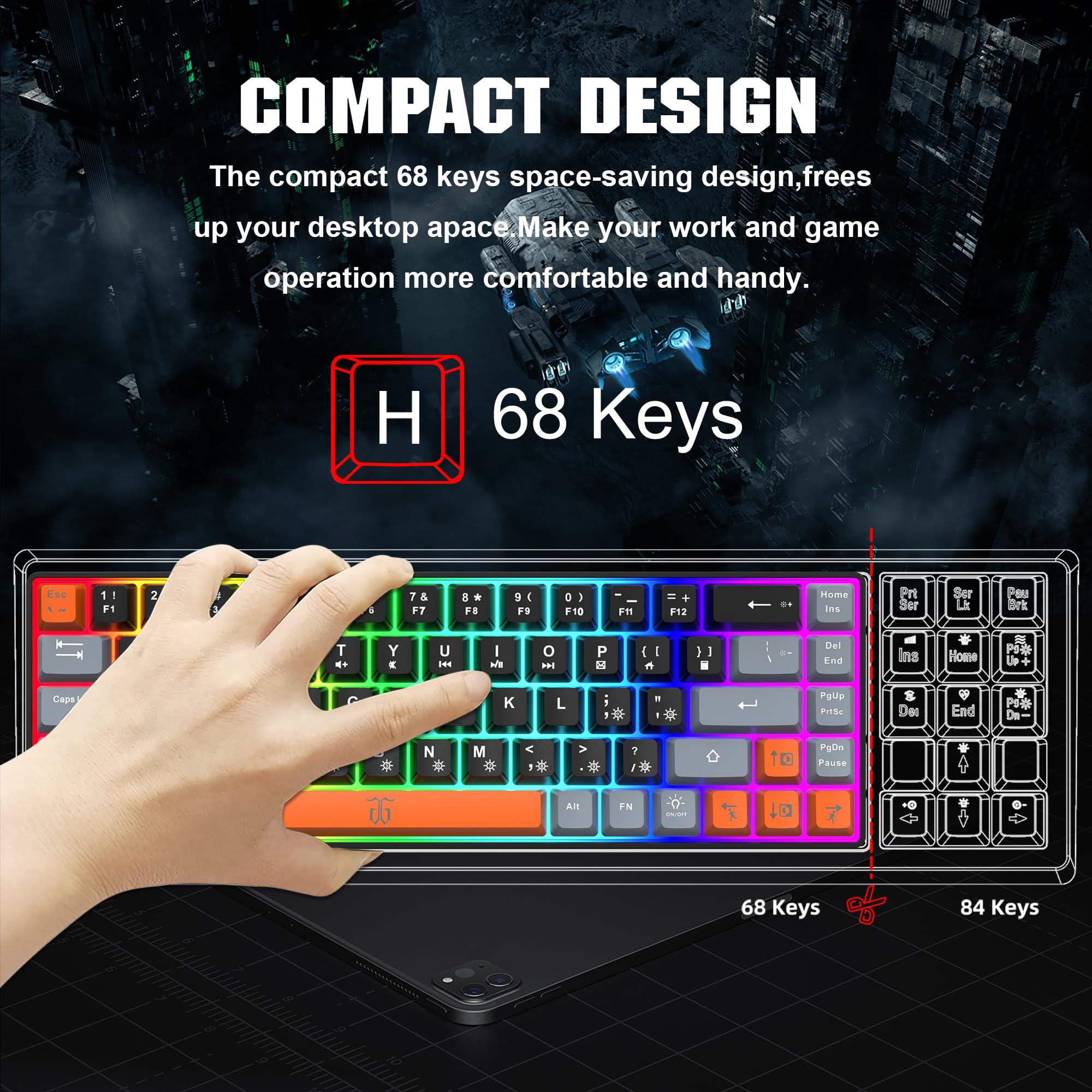 Snpurdiri 60% Gaming Keyboard, RGB Backlit Mini Keyboard,Built-in Steel Plate, Membrane Keyboard but Super Mechanical Feel for Windows PC Gamers(68 Keys,White-Black)