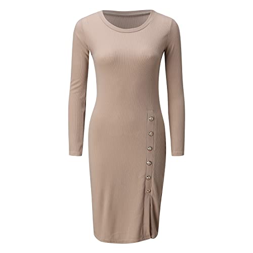 Pinkpaopao Sweater Wrap Dress for Women Side Button Split Midi Dress Long Sleeve Crewneck Elastic Dress