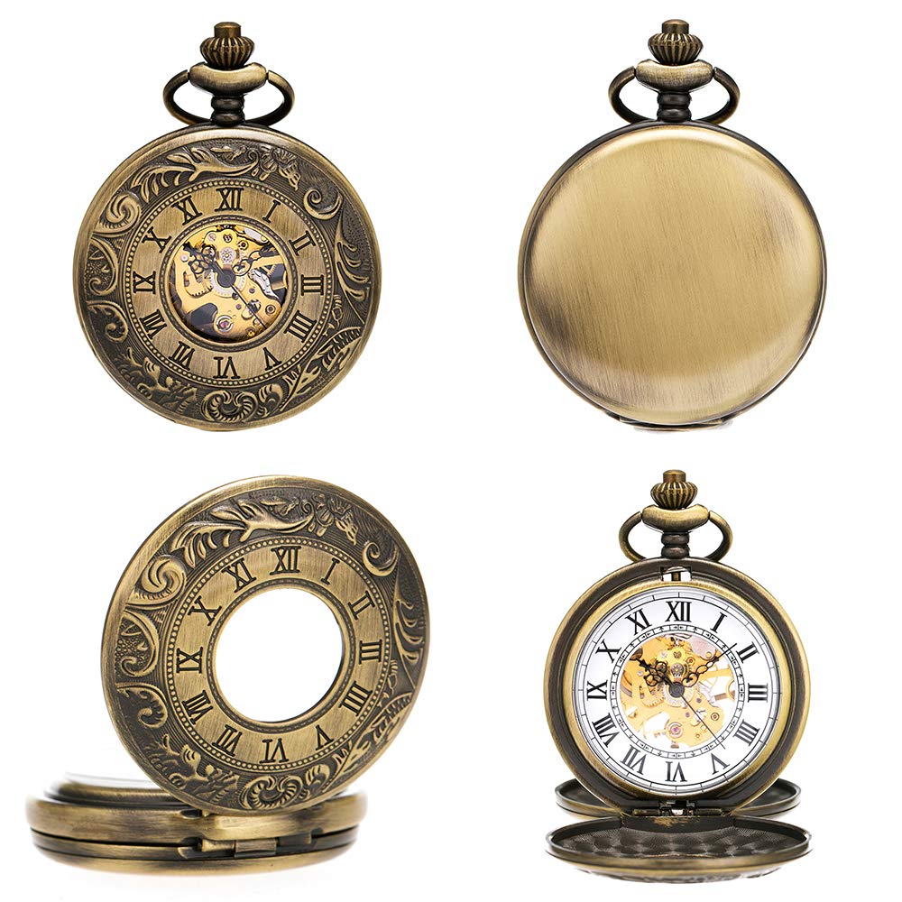 ManChDa Pocket Watch - Engraved Bronze Retro Vintage Double Hunter Series Skeleton Dial Delicate Mechanical Movement + Gift Box