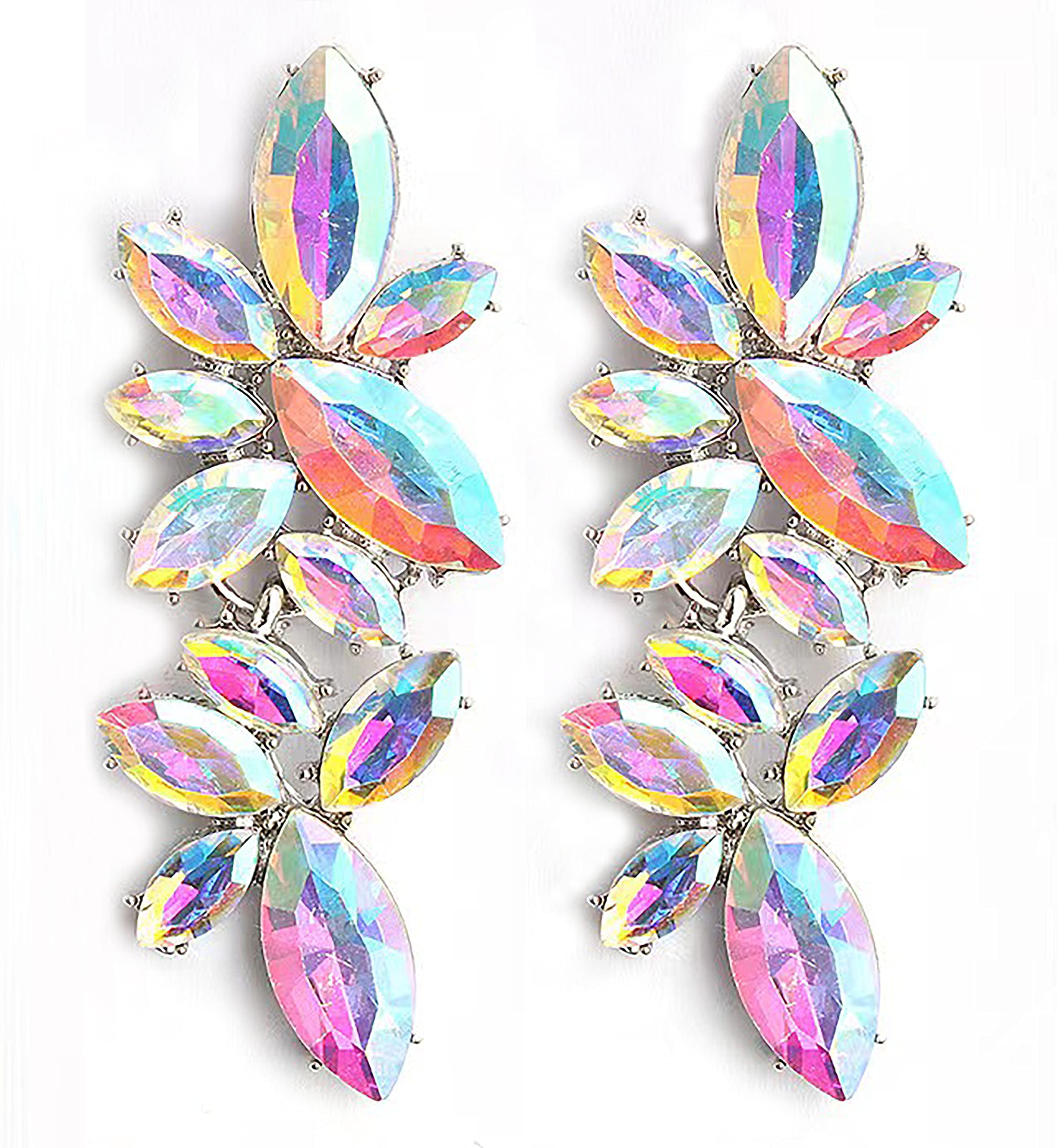 RGY Iridescent Rhinestone Earrings for Prom, Sparkling Bridal Cluster Drop Dangle Stud Earrings, AB Crystal Pageant
