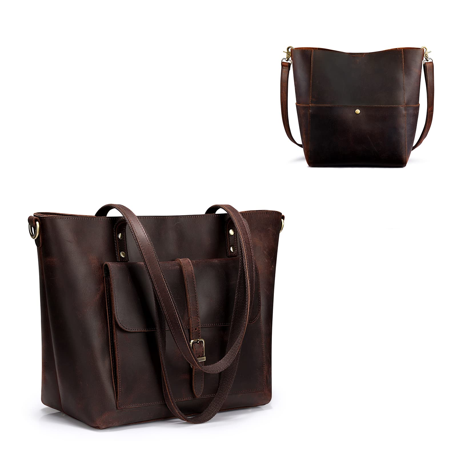 S-ZONE Women Genuine Leather Tote Bag Shoulder Handbag Bundle with Crossbody Bucket Purse