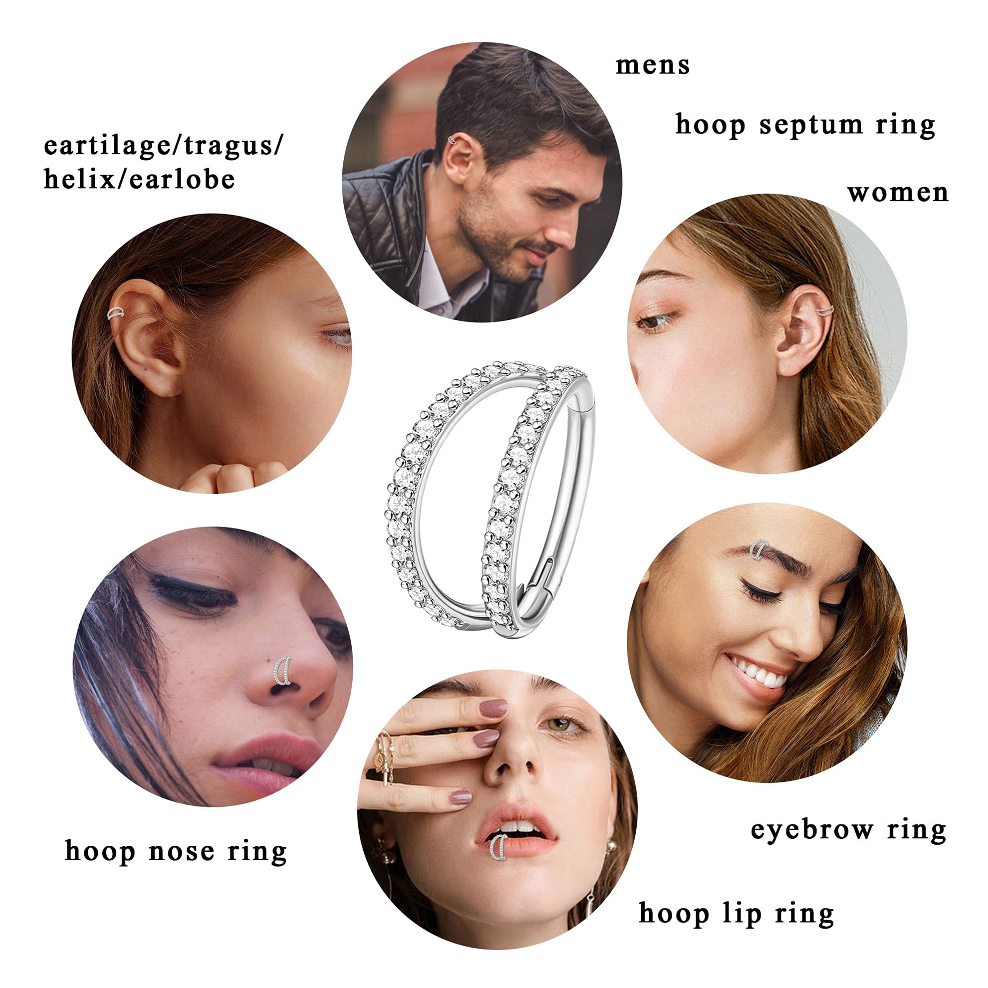 SAILIMUE 3Pcs 316L Surgical Steel Septum Clicker Nose Rings Double Open Stack Conch Daith Piercing Sleeper Earring Helix Rook Conch Cartilage Tragus Earrings Labe Nose Piercing Jewelry