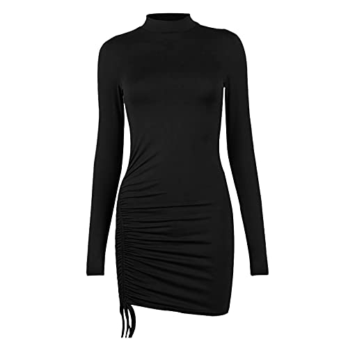 Pinkpaopao Women Solid Color Wrap Dress Long Sleeve Crewneck Shirring Side Tie Up Ruched Elegant Mini Dress