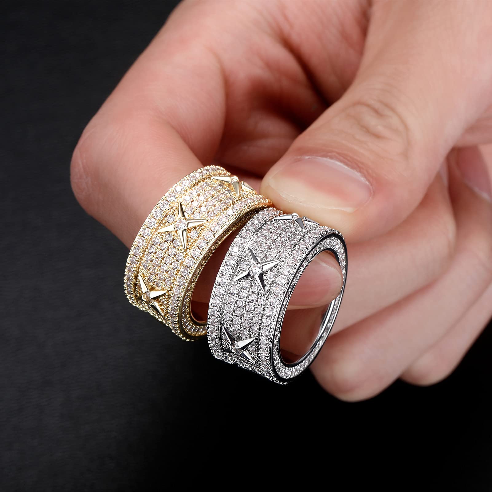 Tevemy 5A Square Crystal Zirconia Ring 18K or White Gold Plated Hip Hop Ring Diamond Men Ring