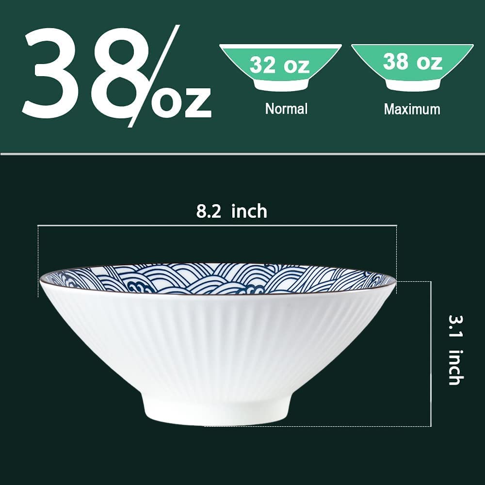 QINLANG 38 oz Japanese Ramen Bowls, Cereal Bowls, Soup Bowls, Pho Bowls, Noodle Bowls, 8 in Blue and White Ceramic Bowls Set of 4, Wave Pattern