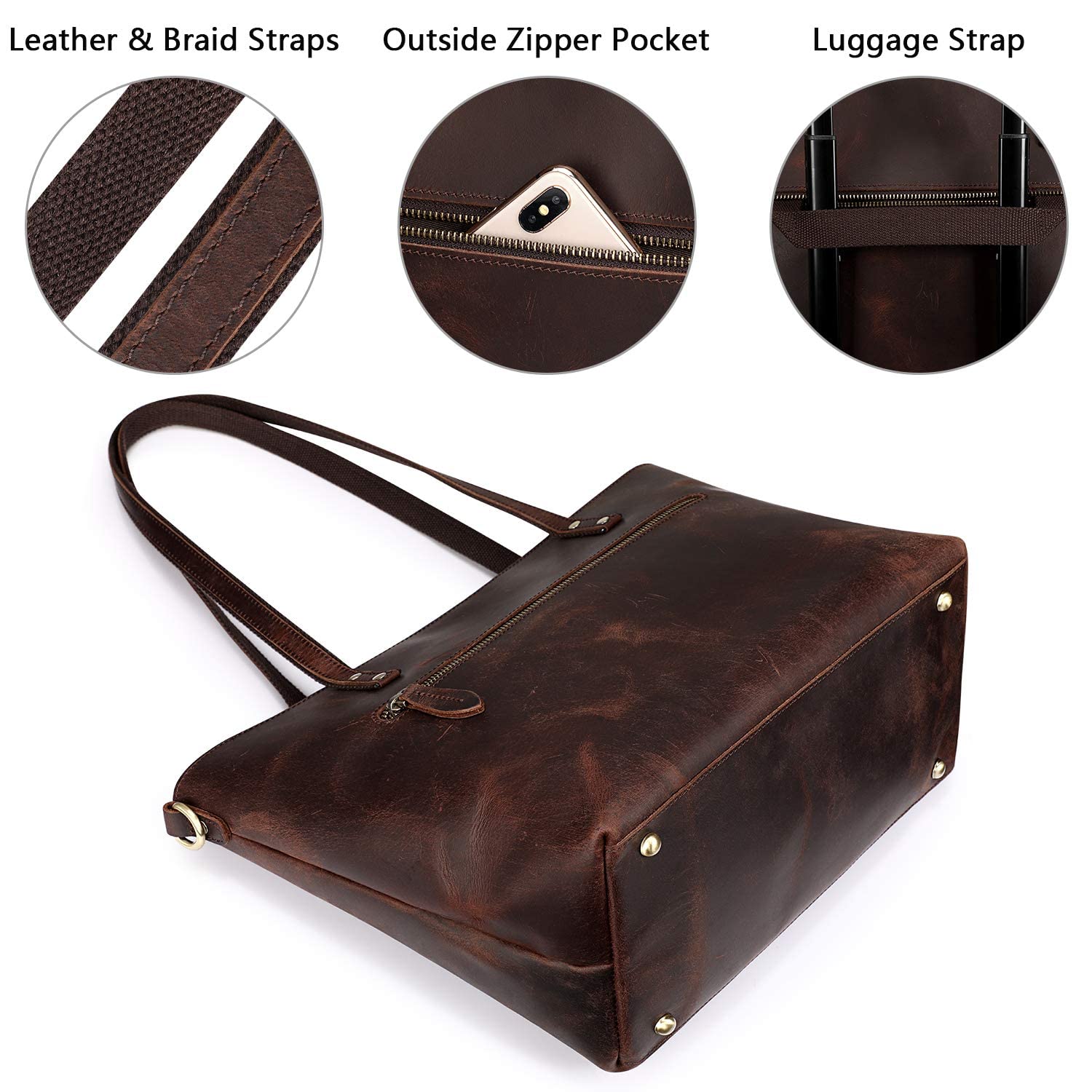 S-ZONE Women Genuine Leather Tote Bag Shoulder Handbag Bundle with Crossbody Bucket Purse