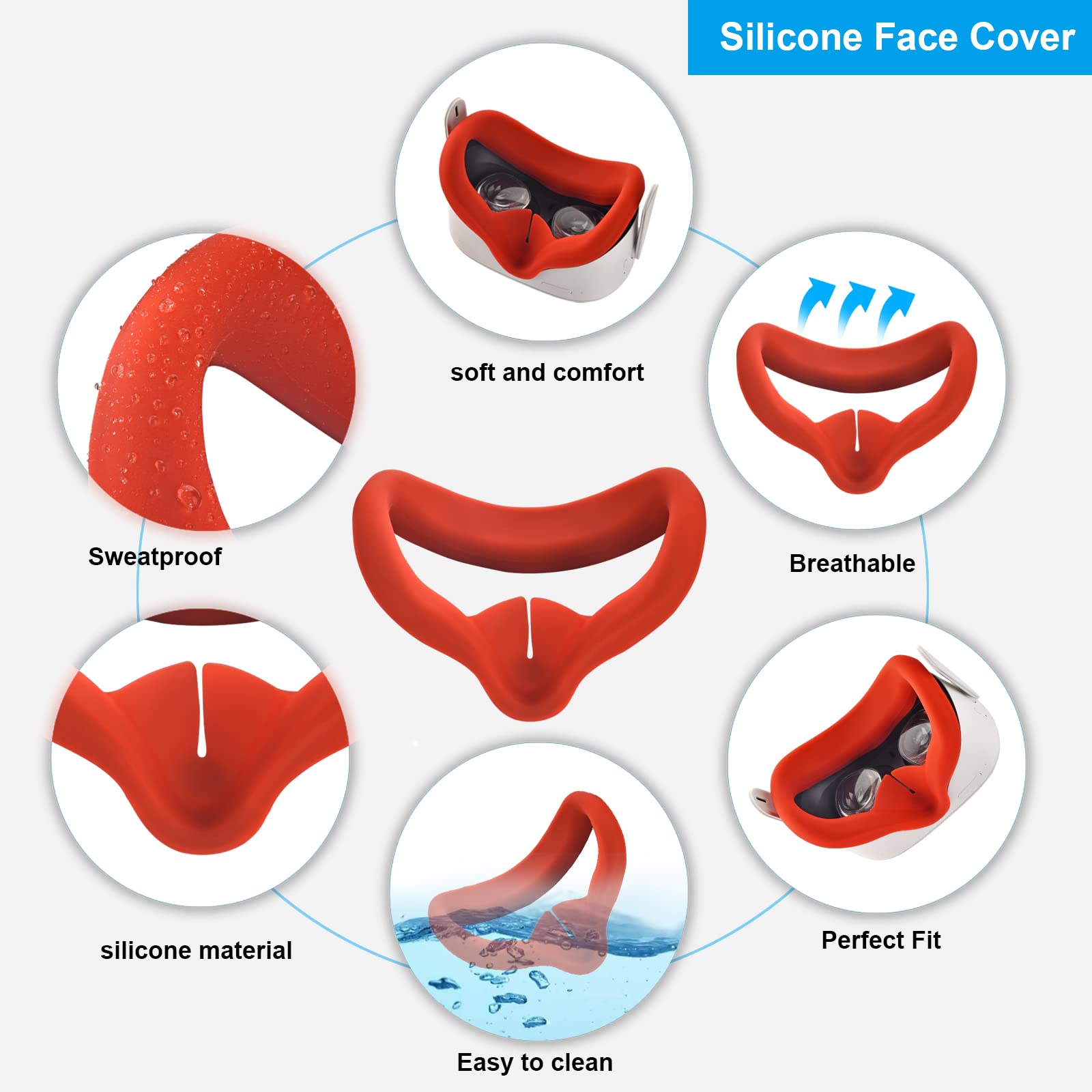 Silicone Controller Grip for Oculus Quest 2 Accessories, with VR Headset Lens Cleaning Pen, Thumb Button Cap,Protective Lens Cover, Silicone Face Cover Sweat Guard Anti-Leakage Pad (red)