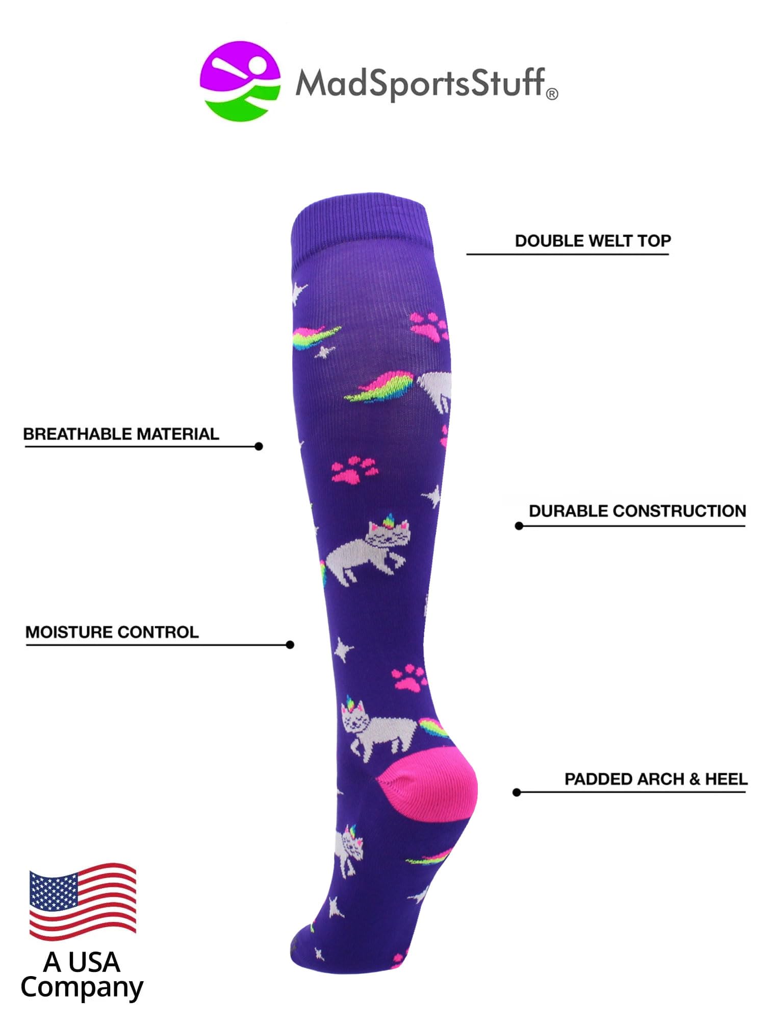 MadSportsStuff Neon Rainbow Caticorn Over the Calf Socks (Purple/Neon Pink, Small)