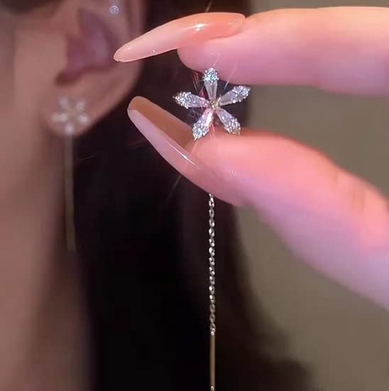 QIEU Shiny Diamond Flower Earrings,Crystal Flowers Tassel Chain Dangle Drop Earrings,Cute Simple Threader Long Chain Statement Studs Earring Jewelry for Women Girls (Sliver)