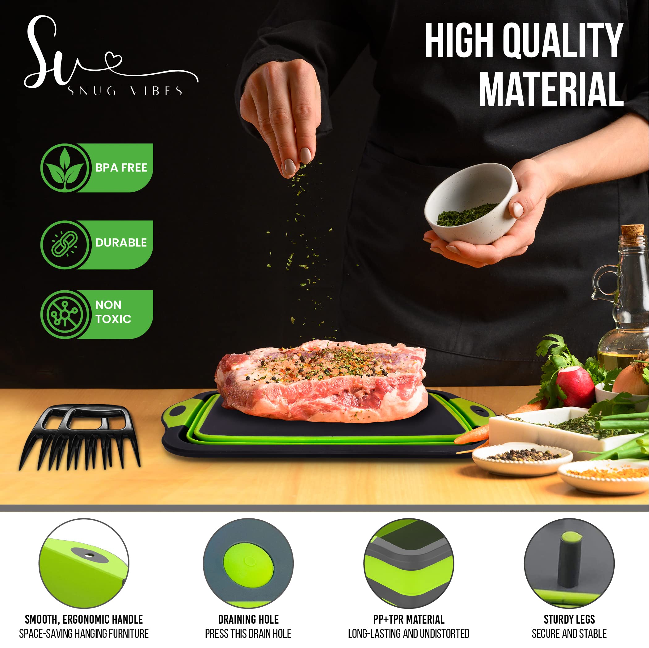 SNUG VIBES BBQ Prep Tub - Collapsible Chopping Board with Meat Shredder Claws - Food Grade Plastic and Silicone Collapsible Wash Basin for Seasoning, Meat, Veggies β Meat Cutting Board - Camp Kitchen