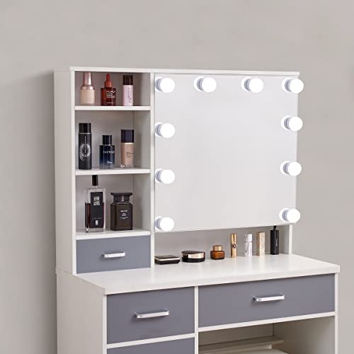 Large Makeup Vanity Set with Sliding Mirror,3-Color LED Bulb Adjustable Brightness, 6 Drawer & Hidden Storage Compartment Dressing Table,White