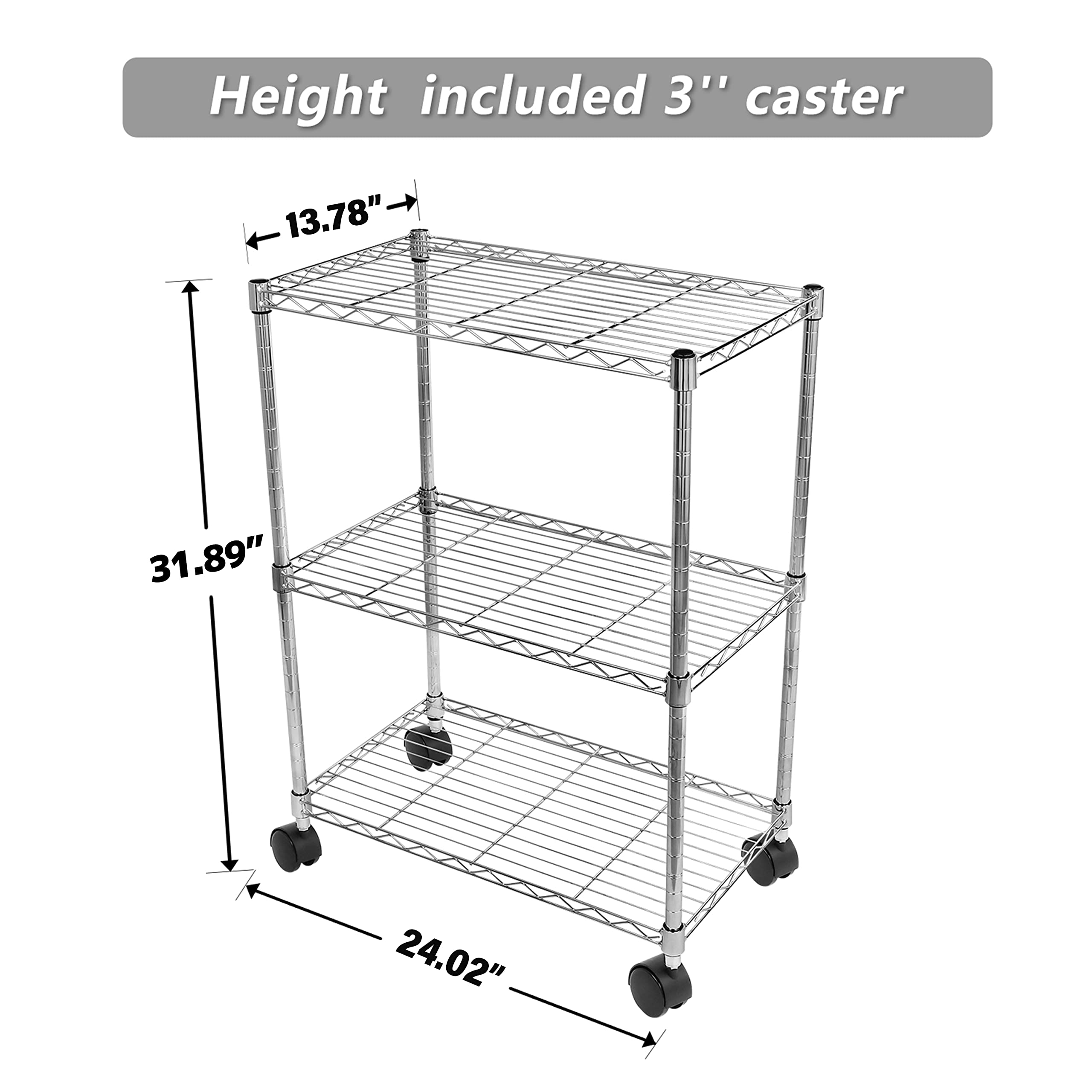 YSSOA Heavy Duty 3-Shelf Shelving with Wheels, Adjustable Storage Units 750Lb Capacity, Steel Organizer Wire Rack, 24.02โL x 13.78" W x 30โH, Chrome