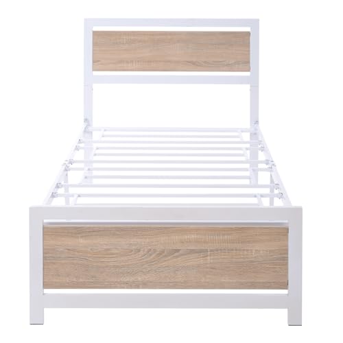 Metal and Wood Bed Frame with Headboard and Footboard, Twin Size Platform Bed, No Box Spring Needed, Easy to Assemble(White)