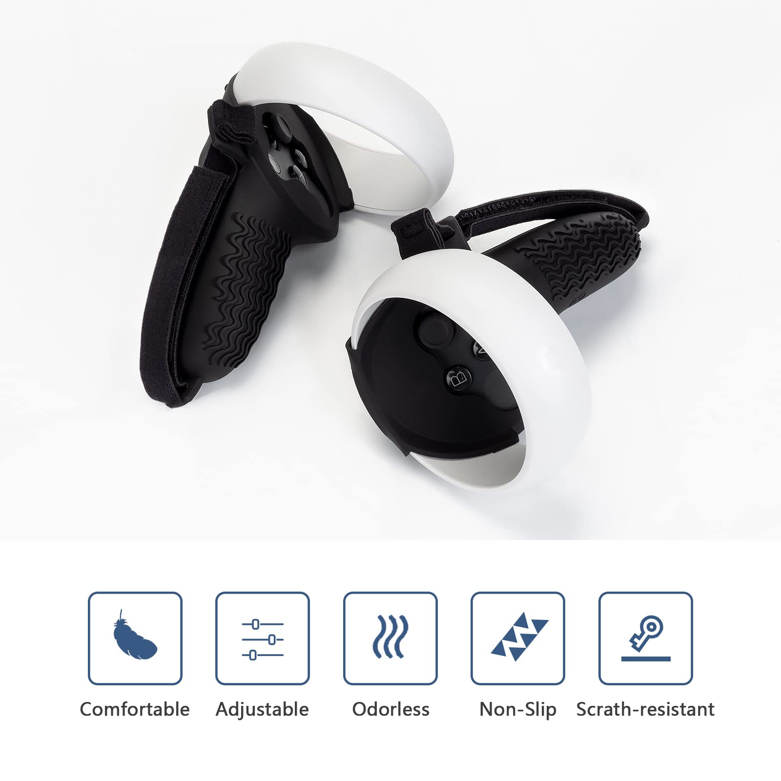 Silicone Controller Grip Cover for Meta/Oculus Quest 2, Anti-Throw Handle Grips VR Controller Protector, Non-Slip Touch Controller Grip Covers with Adjustable Hand Strap (Black)