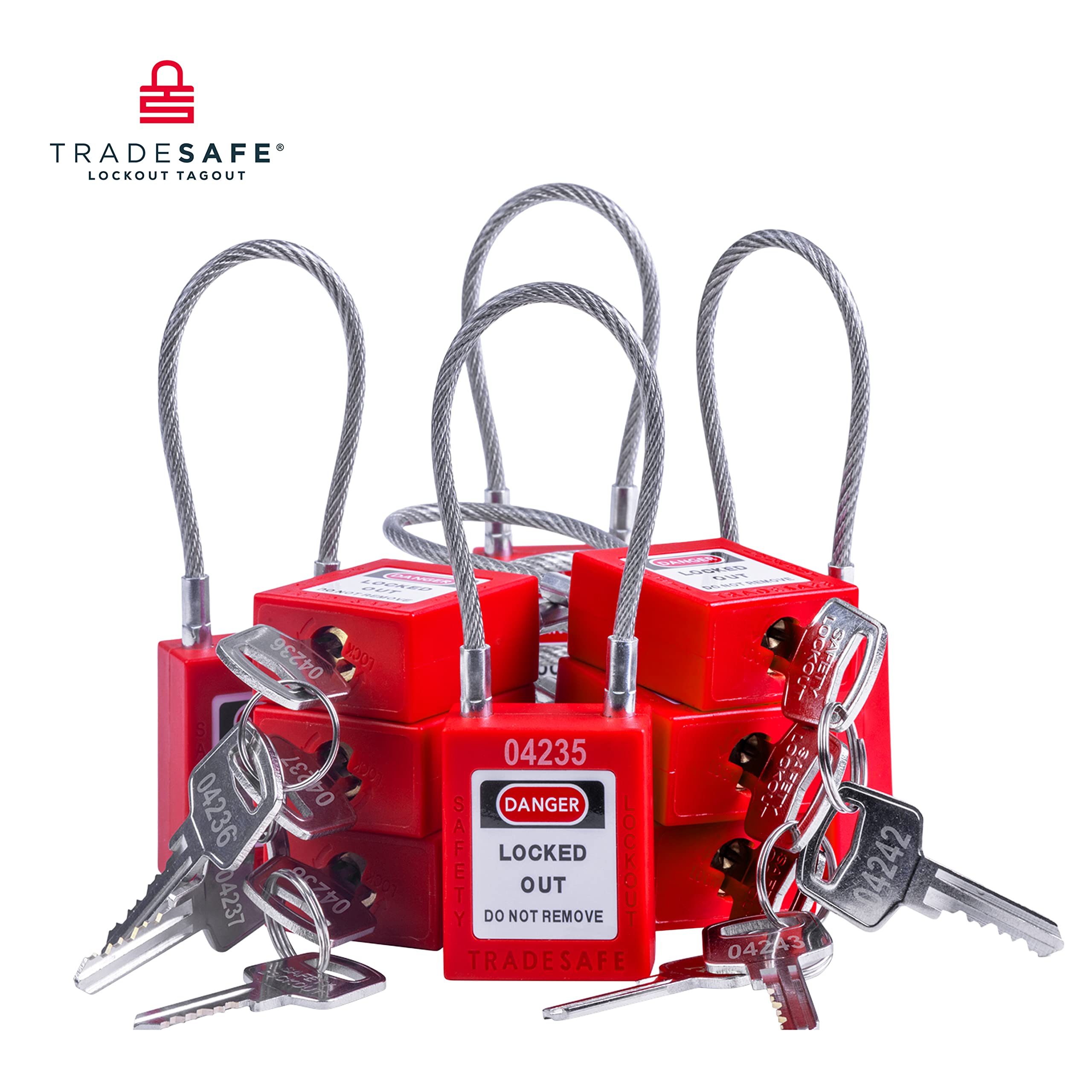 TRADESAFE Lockout Tagout Steel Cable Locks with Keys,10 Red Keyed Different Electrical Lockout Padlock Set, 2 Keys per Lock, OSHA Compliant, Premium Grade