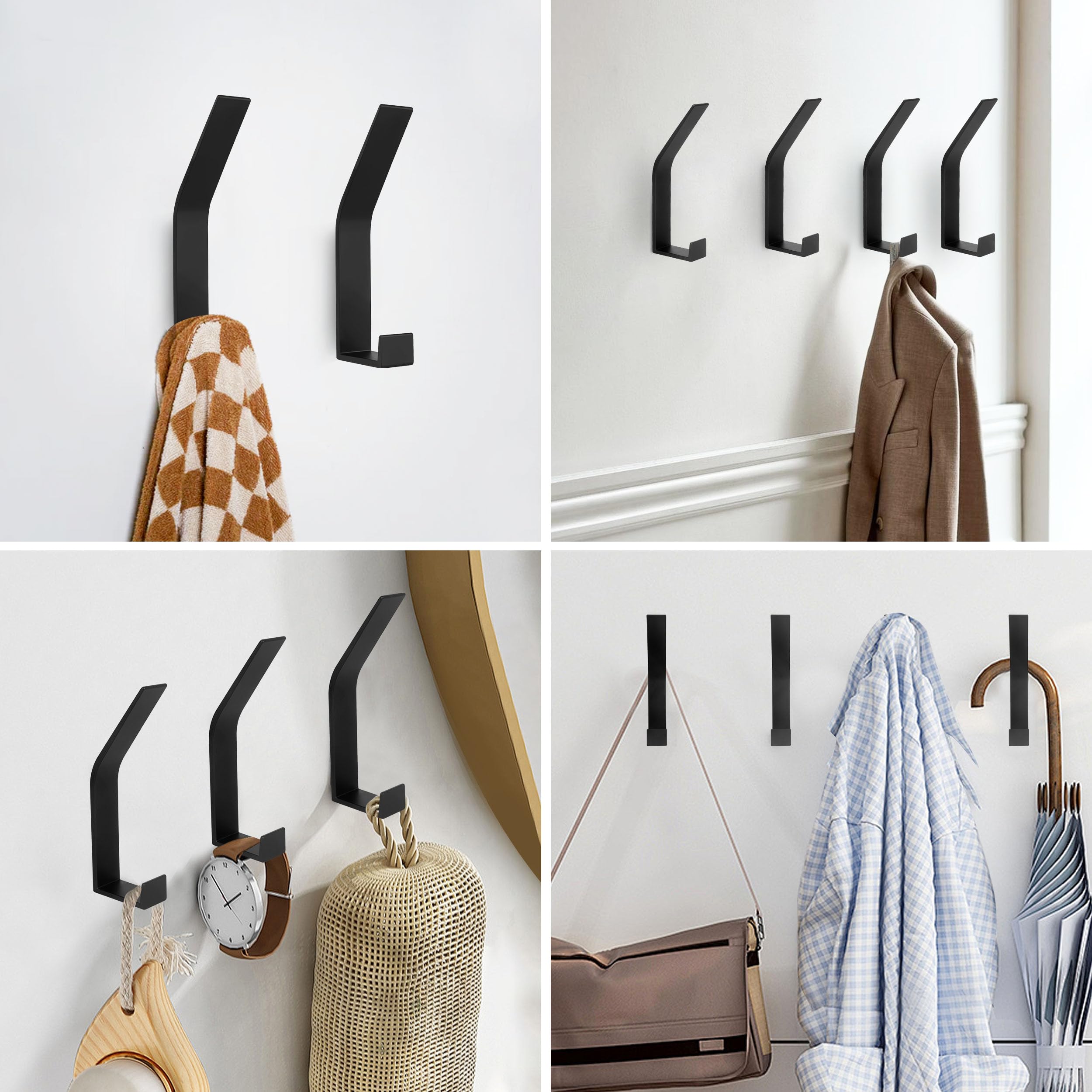 Zlylefun Coat Rack Hooks Wall Mounted, Black 4Packs, Bath Towel Rope Hooks for Kitchen, Door, Cabinet, Bathroom, Foyers, Hallways, and Bedrooms