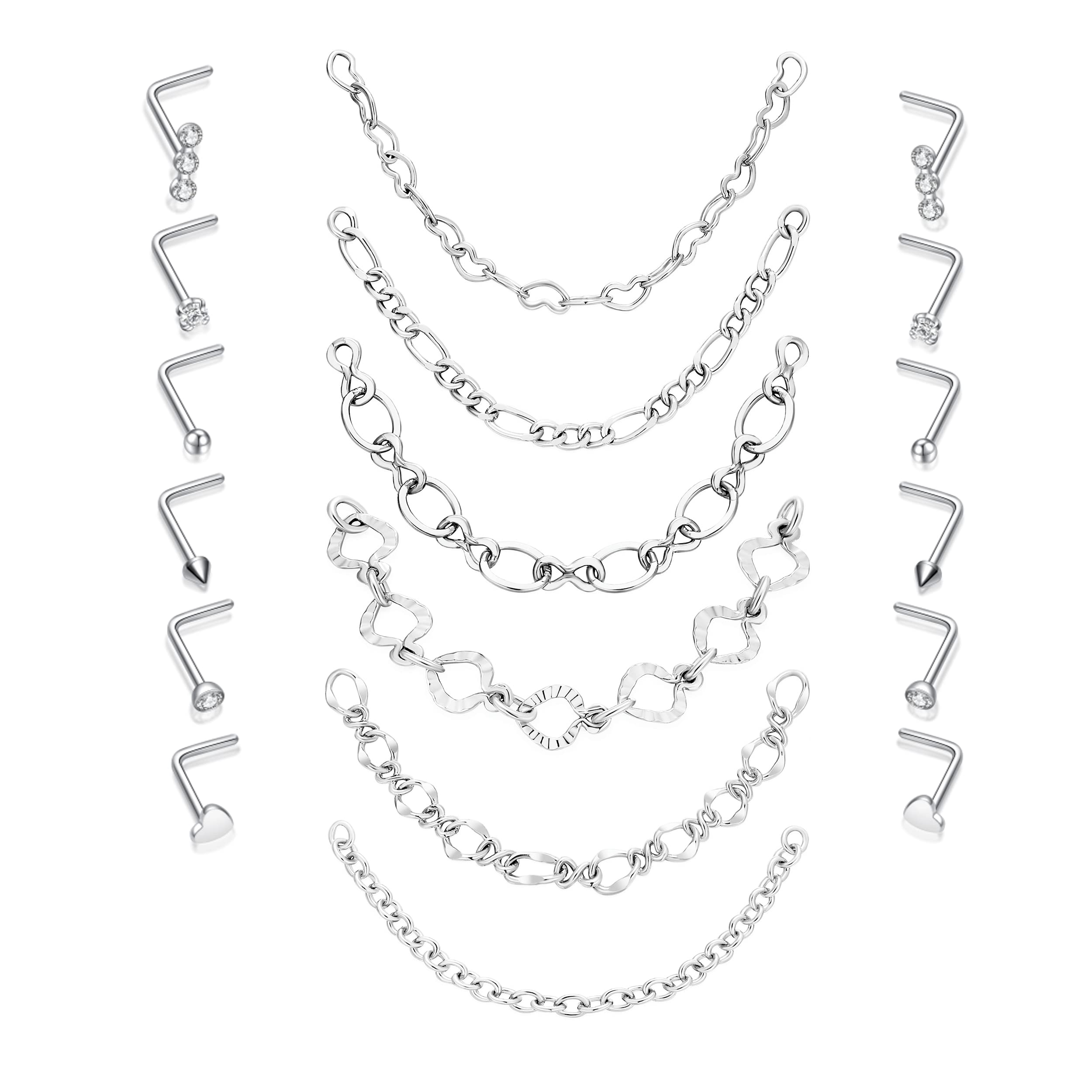 RAMUS KATEN 925 Sterling Silver Plated Nostril Jewelry Set β 3mm Nose Bone Rhinestone Studs and 6pcs Chain 4.0cm