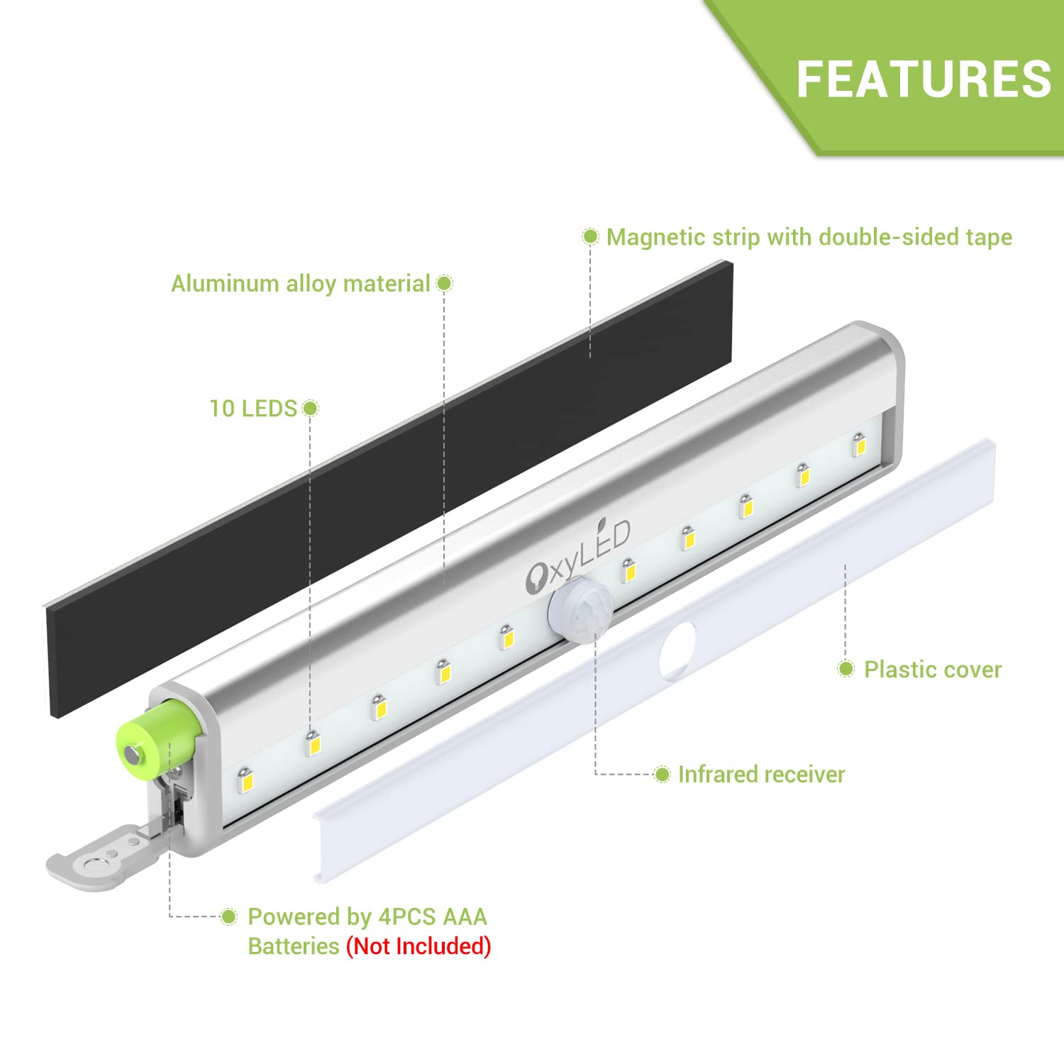OxyLED Under Cabinet Lights, 10 LED Motion Sensor Lights Indoor, Wireless Stick-on Anywhere Battery Operated Motion Sensor Closet Lights, Under Counter Lights for Kitchen Pantry Cabinet Stairs, 3 Pack