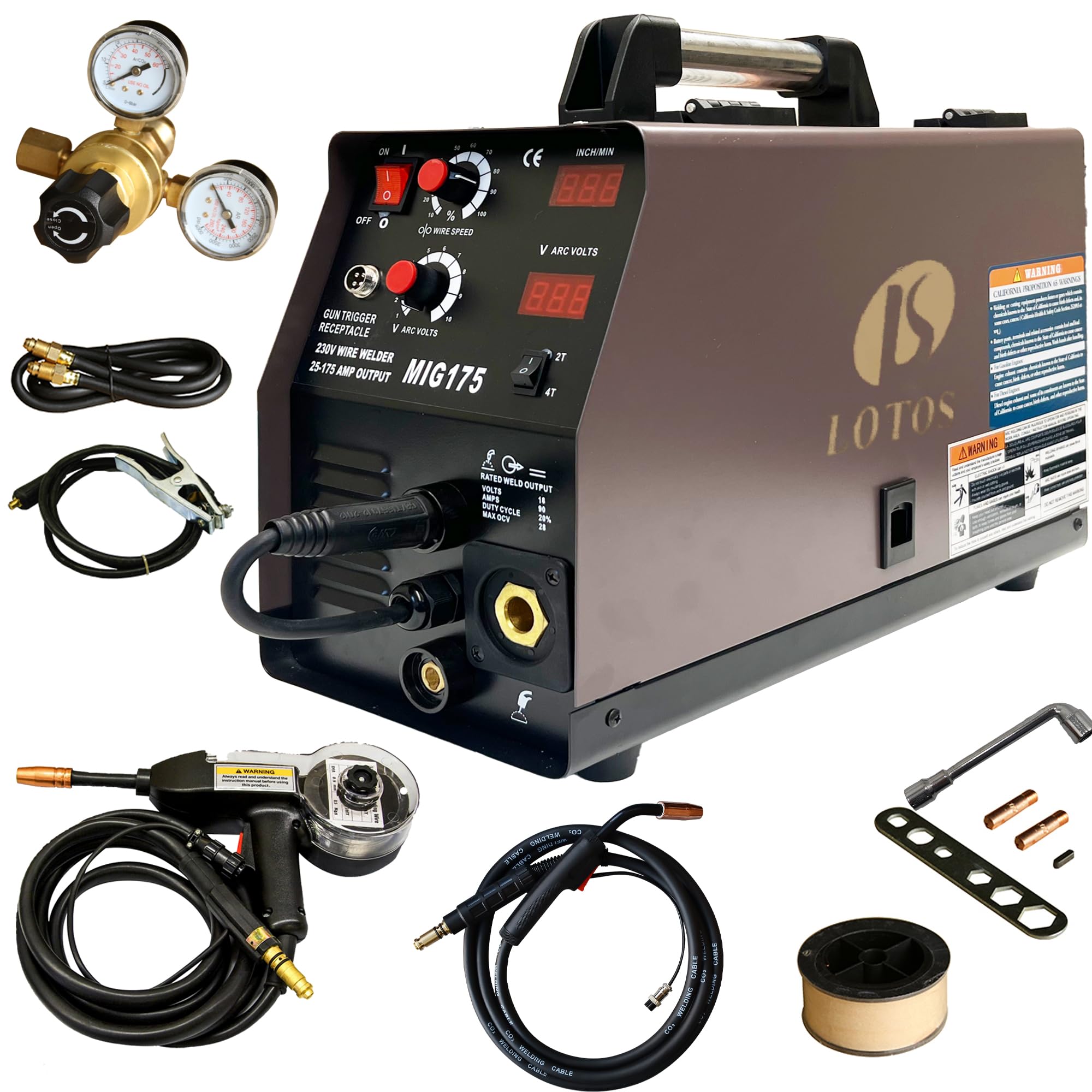 LOTOS MIG175 175A MIG Welder with Aluminum Spool Gun - Advanced Auto MIG Synergistic Setting, Voltage Fine Tuning, Gas MIG Welding & Gasless Flux Core MIG Welding - Brown, 240V