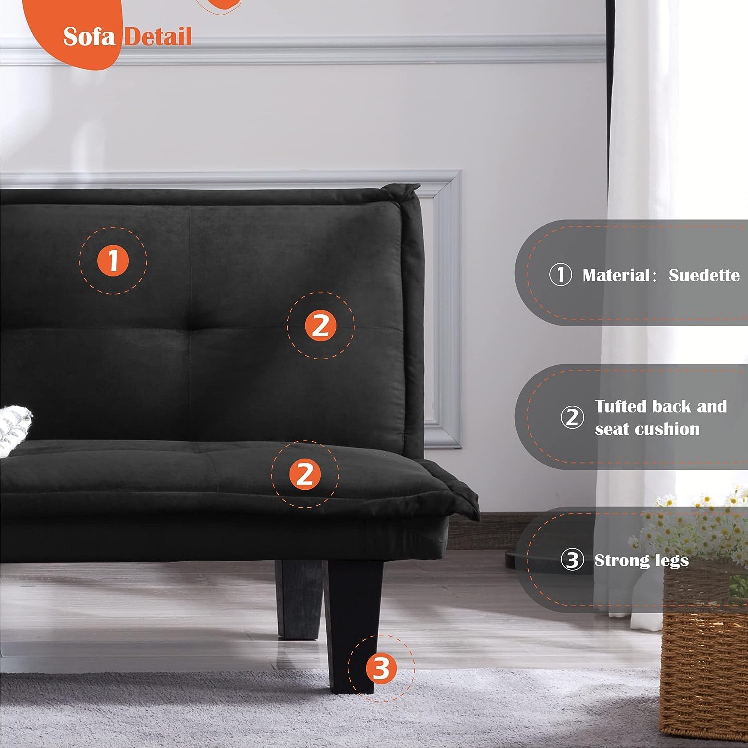 LCH Convertible Folding Sofa Bed, Futon Sofabed with 3 Adjustable Positions for Living Room, Home, 63.8β x29.9βx 28.3β, Black