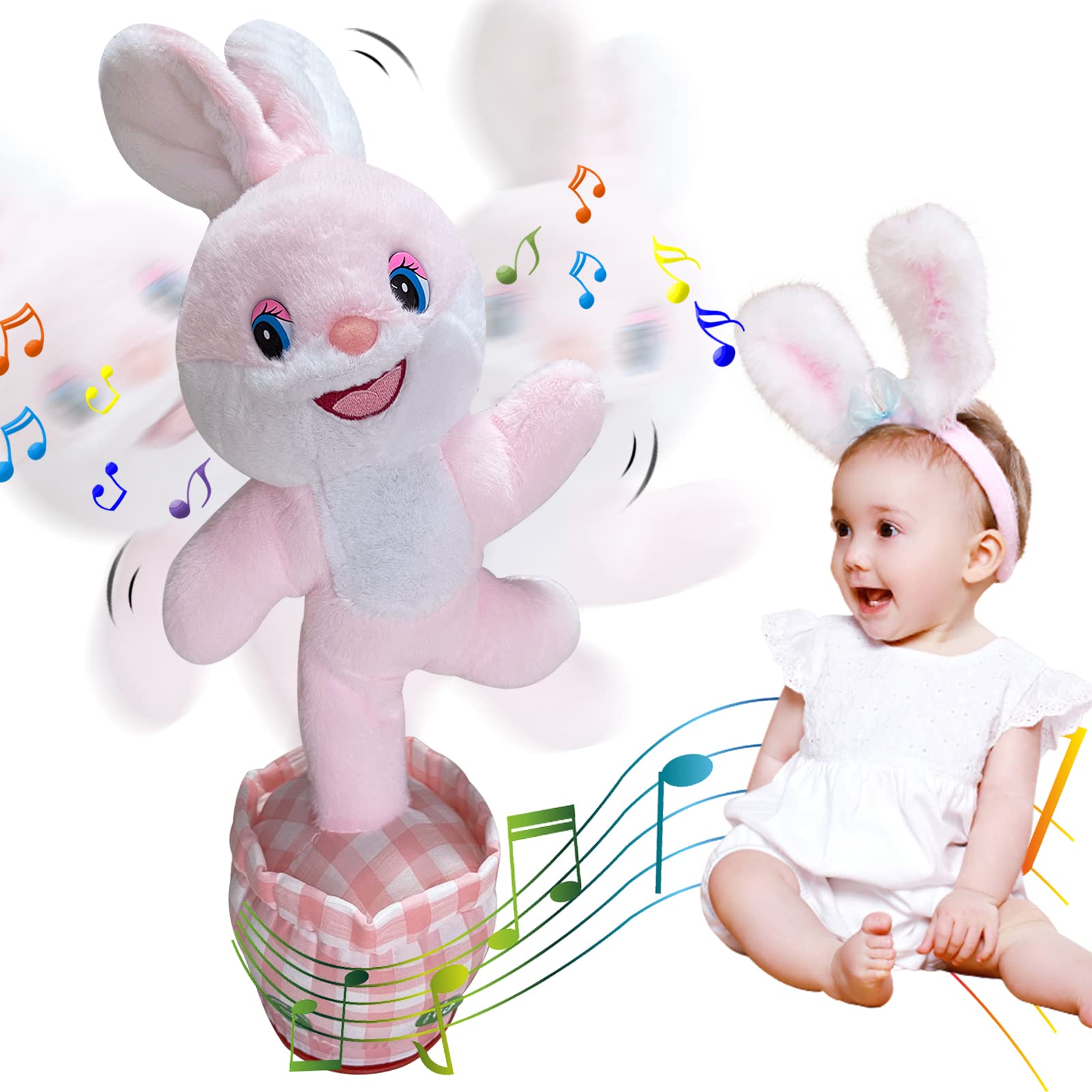 VPOWJI Easter Bunny, Dancing Talking & LED Glow Wiggle Dancing Bunny Toys, Record & Repeating What You Say with 60 English Songs, Easter Decorations Easter for Child (Pink)