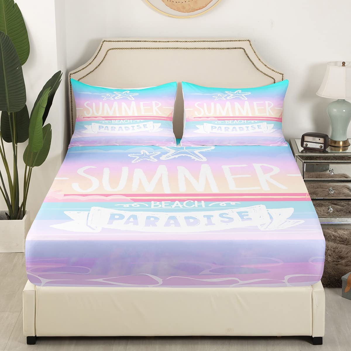 Summer Beach Kids Fitted Sheet Queen Size,Starfish Shell Hawaiian View Bedding Set,Girls Boys Adults Room Decor,Sea Blue Colorful Dreamy Bed Cover,Purple Romantic Bed Sheet,2 Pillowcases