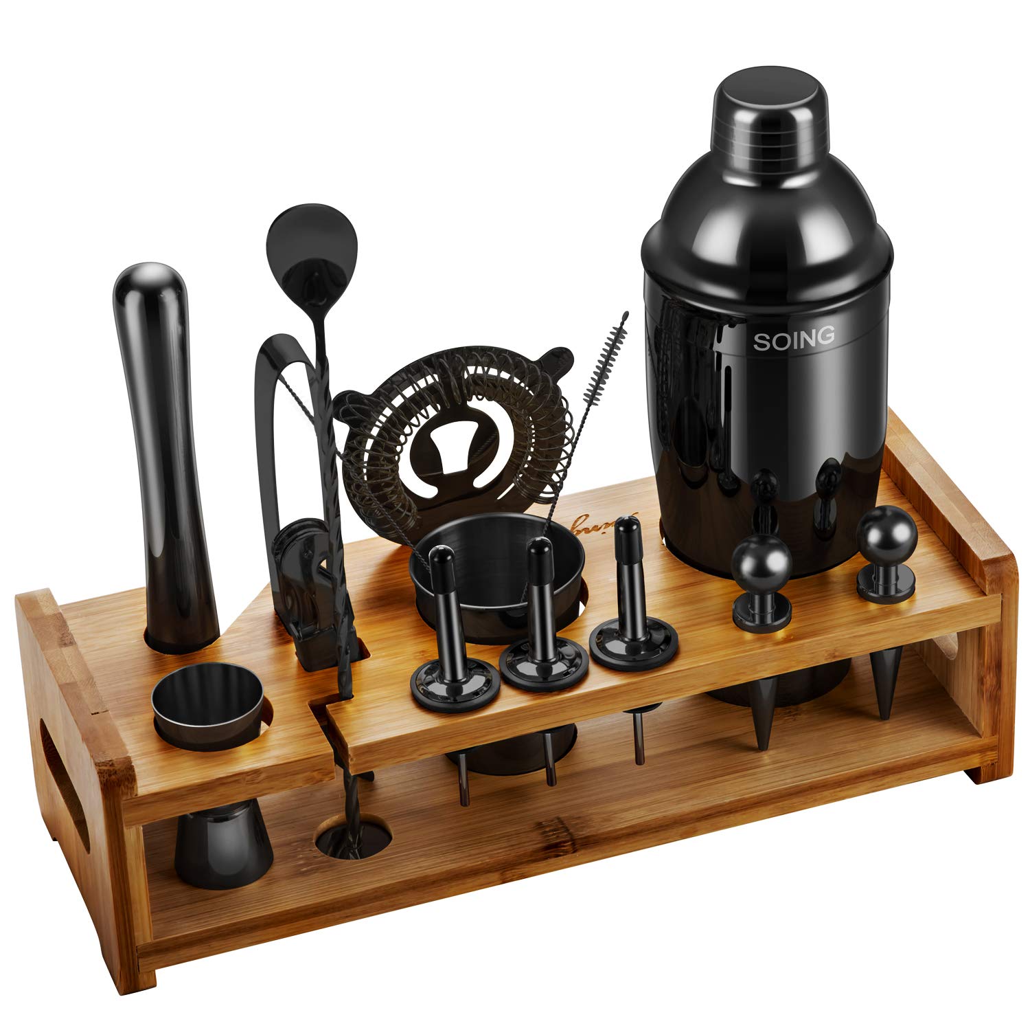 Soing Black 24-Piece Cocktail Shaker Set,Perfect Home Bartending Kit for Drink Mixing,Stainless Steel Bar Tools With Stand,Velvet Carry Bag & Recipes Included