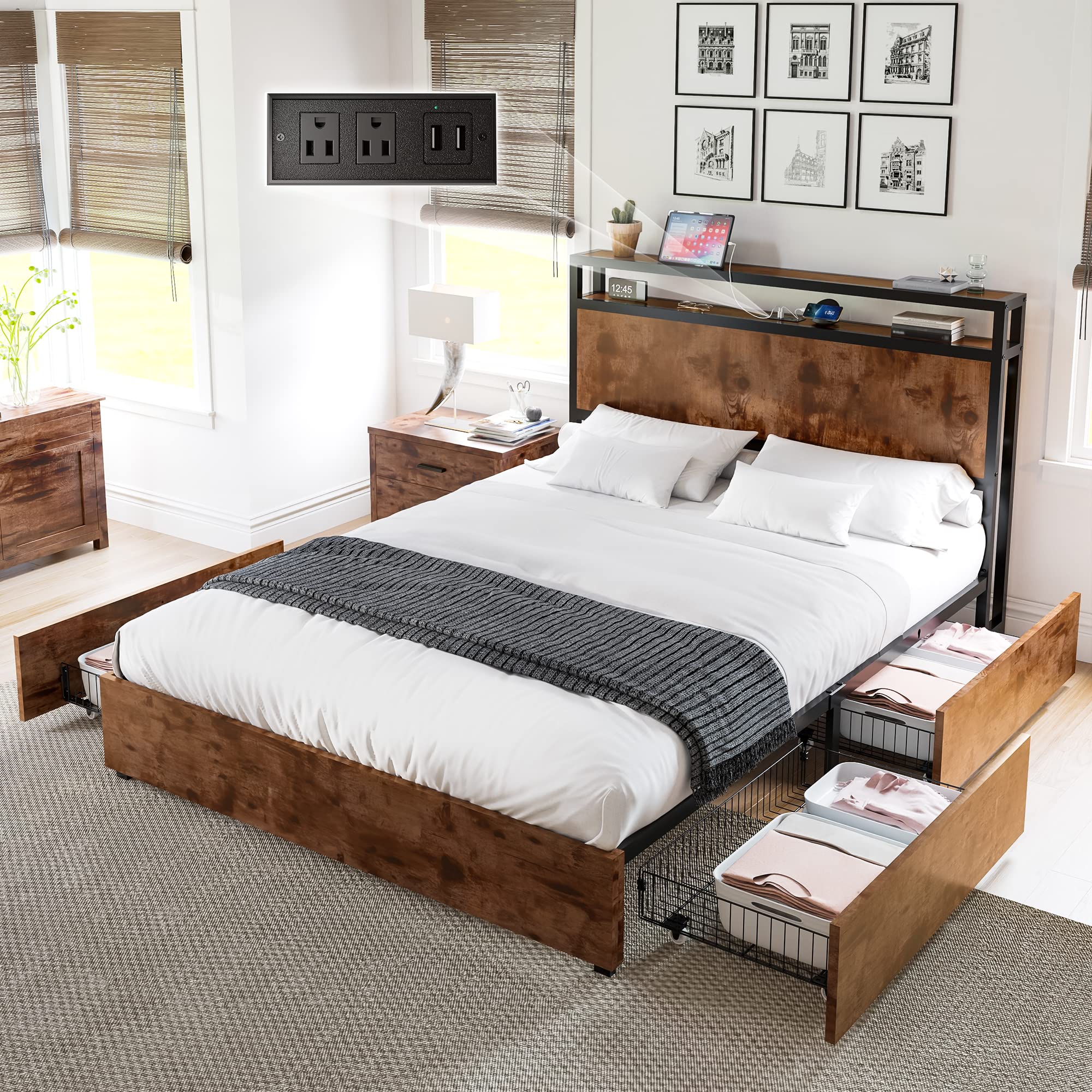 LUXOAK Queen Size Bed Frame with 4 Storage Drawers, Wooden Platform Bed with 2-Tier Storage Headboard and Charging Station, No Box Spring Needed/Noise Free/Rustic Brown